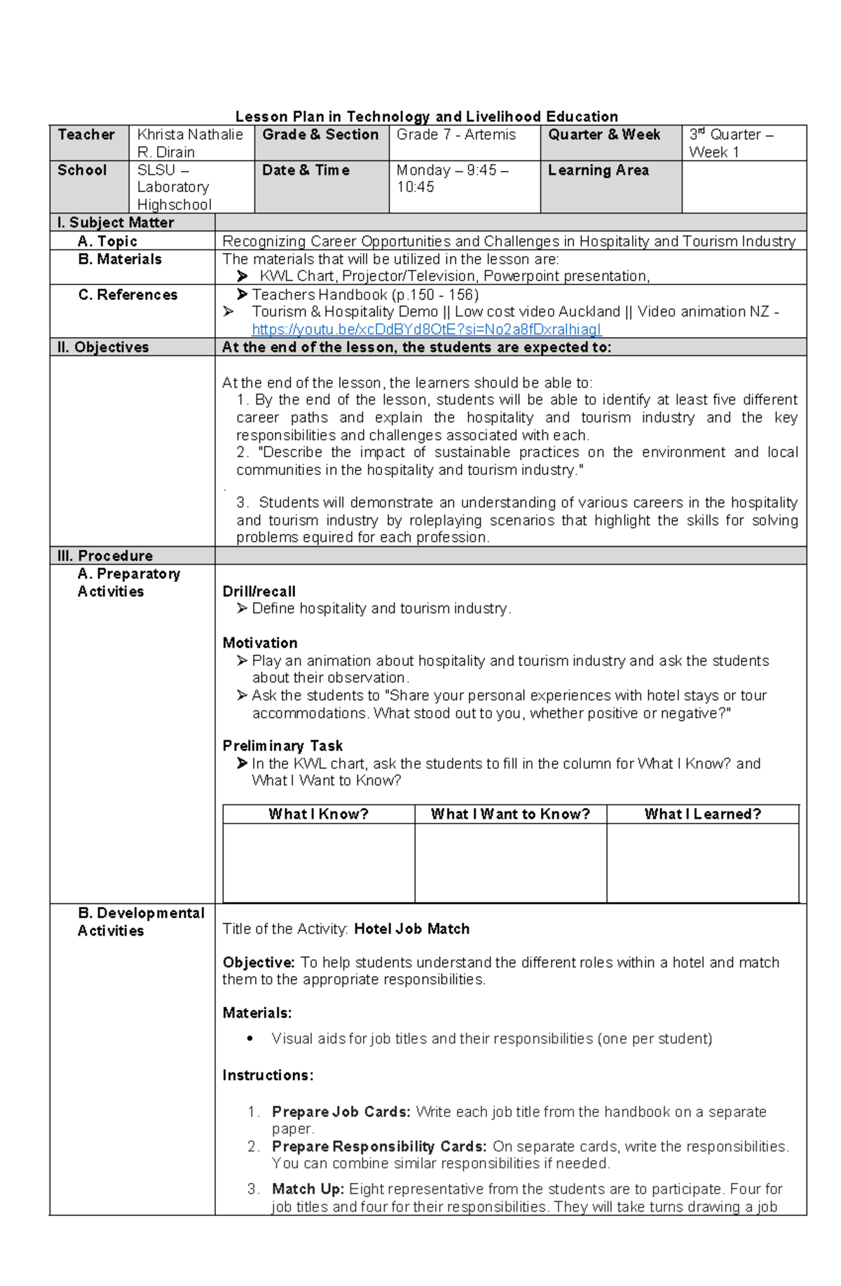 Dirain LP - Lesson Plan on Career Opportunities in Hospitality ...