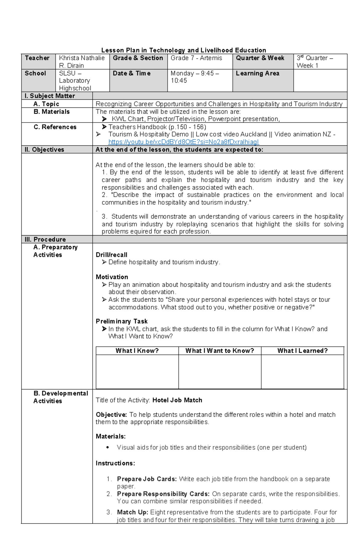 Activity Plan for Roleplay in TLE 10: Fine Dining Practices - Studocu