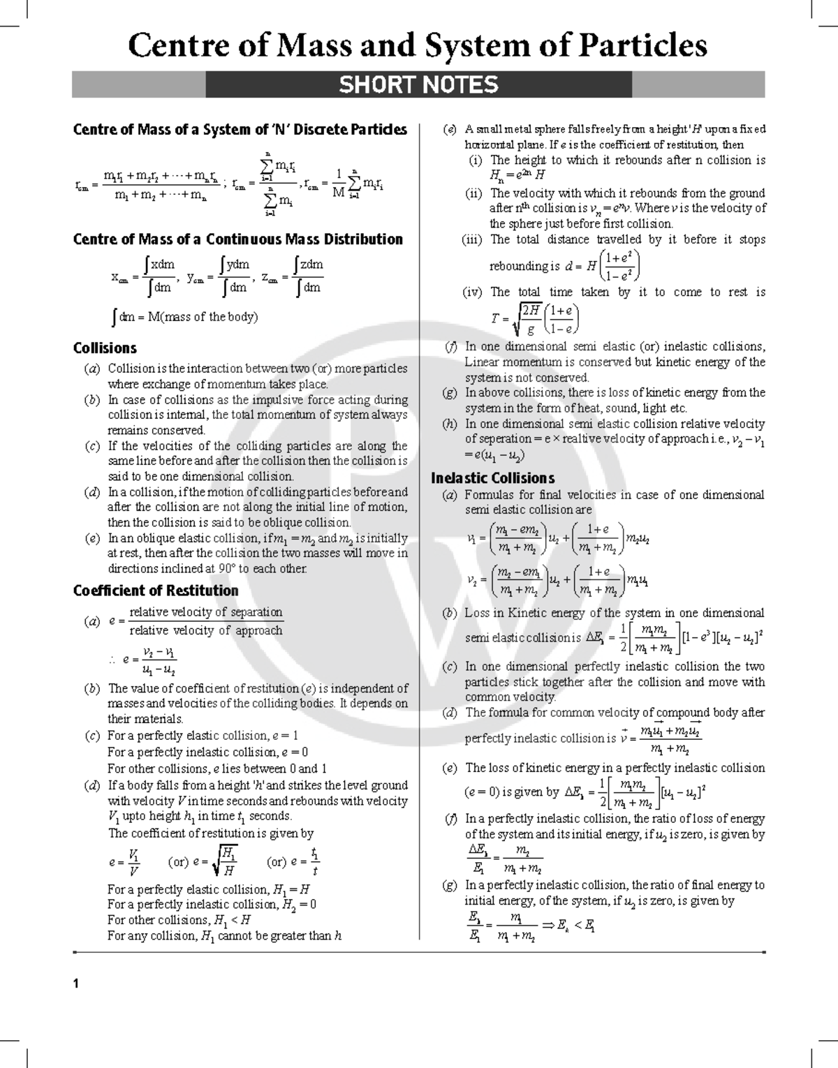 Centre of Mass and Collisions: Short Notes for Physics 101 - Studocu