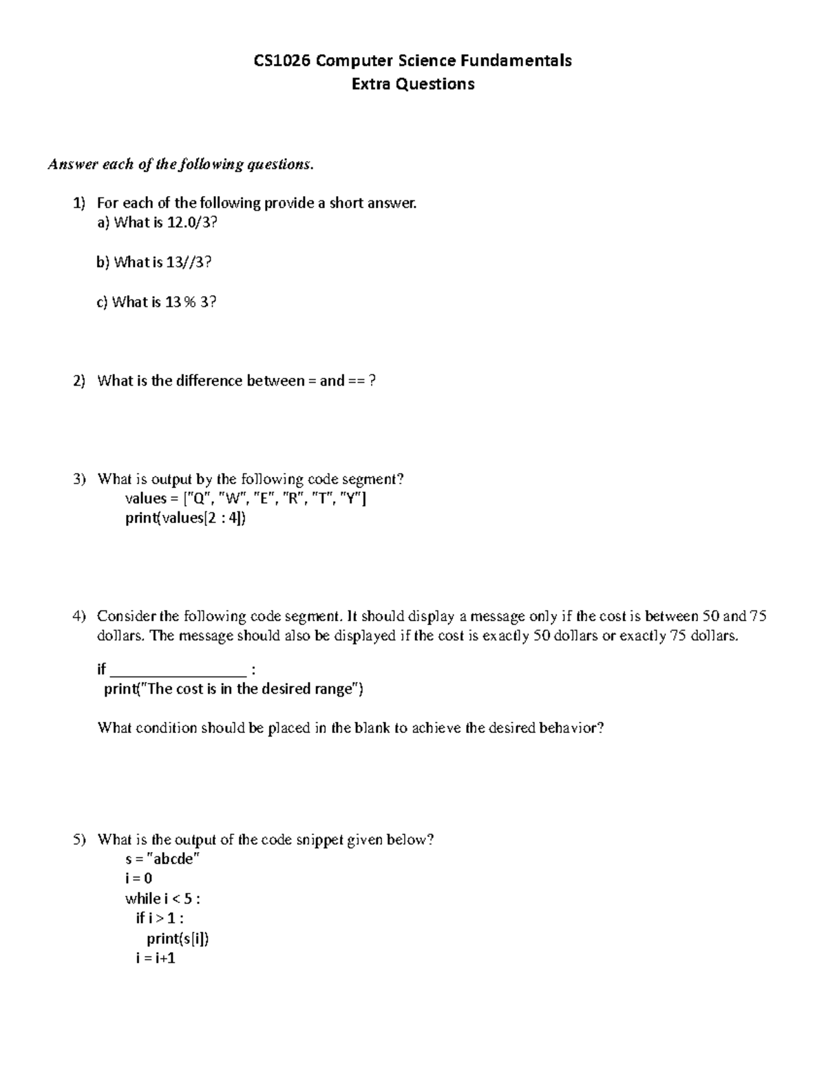 CS1026 Midterm Extra Quiz Questions and Answers Fall 2019 - Studocu