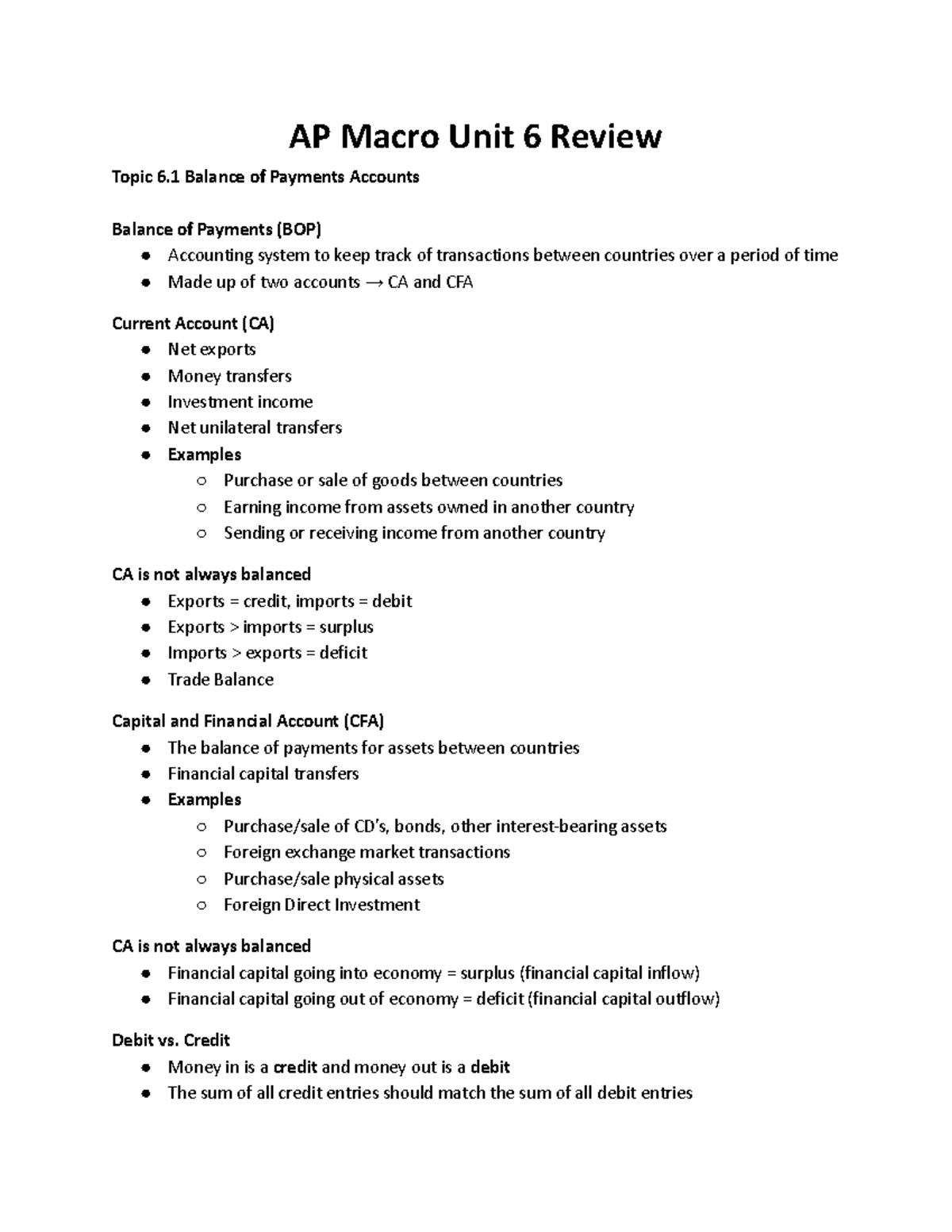 AP Macro Unit 6 Review: Balance of payments and exchange rates - Studocu