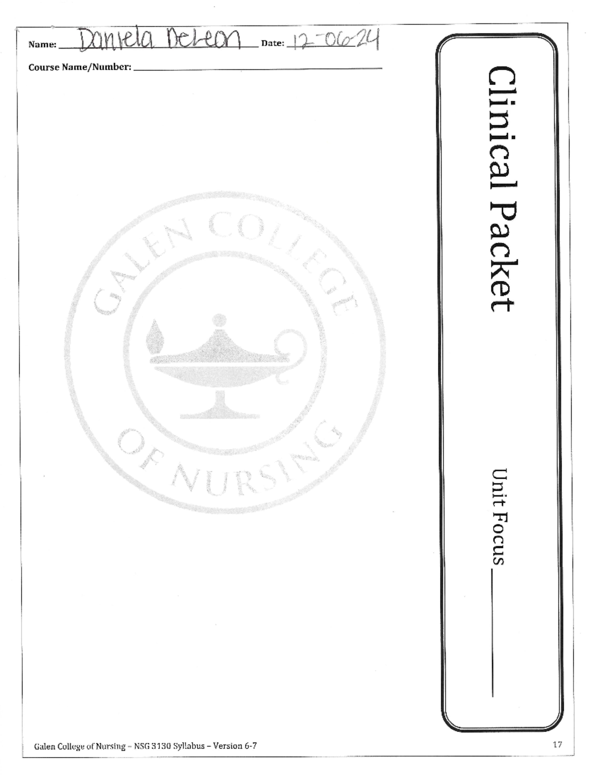 Clinical Packet #6 - Head to toe assessment - Name: Daniela Deleon Date ...