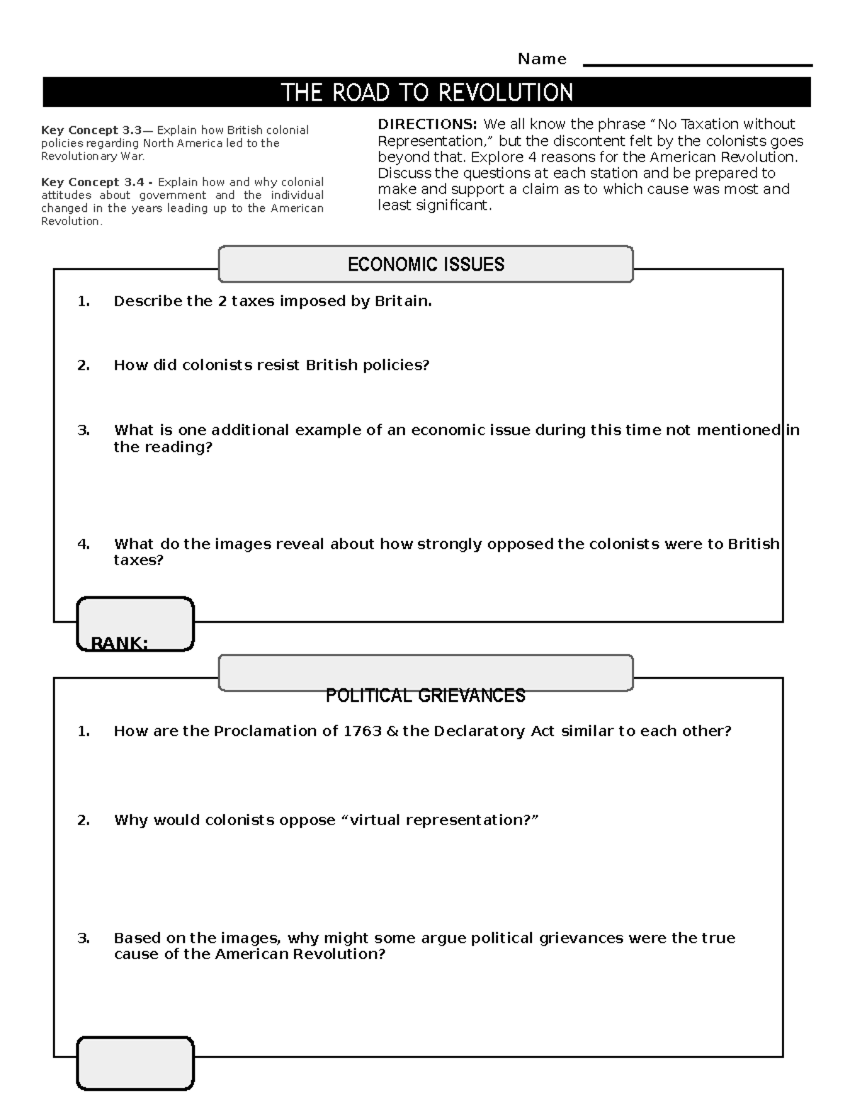 Copy of 2. Worksheet Road to Revolution (KC 3.3 & 3.4) - Name THE ROAD ...