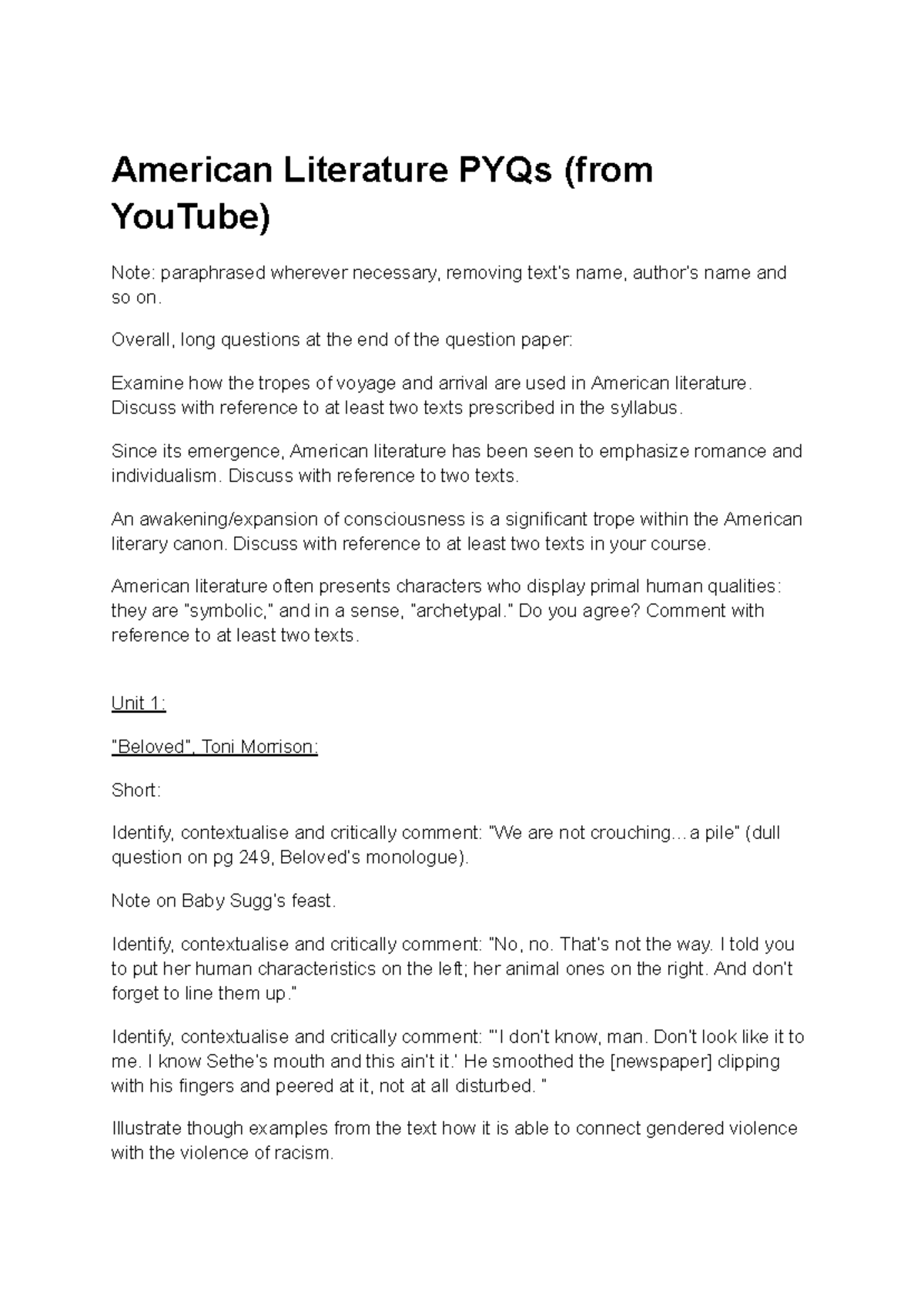American Literature PYQs: Key Themes & Textual Analysis Notes - Studocu
