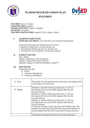 Grade 8 Lesson Plan- Second Observation - 7Es SEMI-DETAILED LESSON PLAN ...