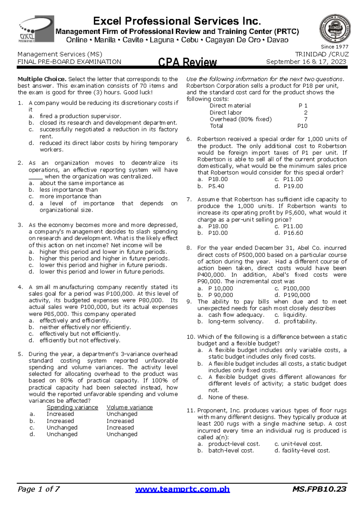 MS.FPB10.23 Team PRTC Final Exam Review: CPA Management Services - Studocu