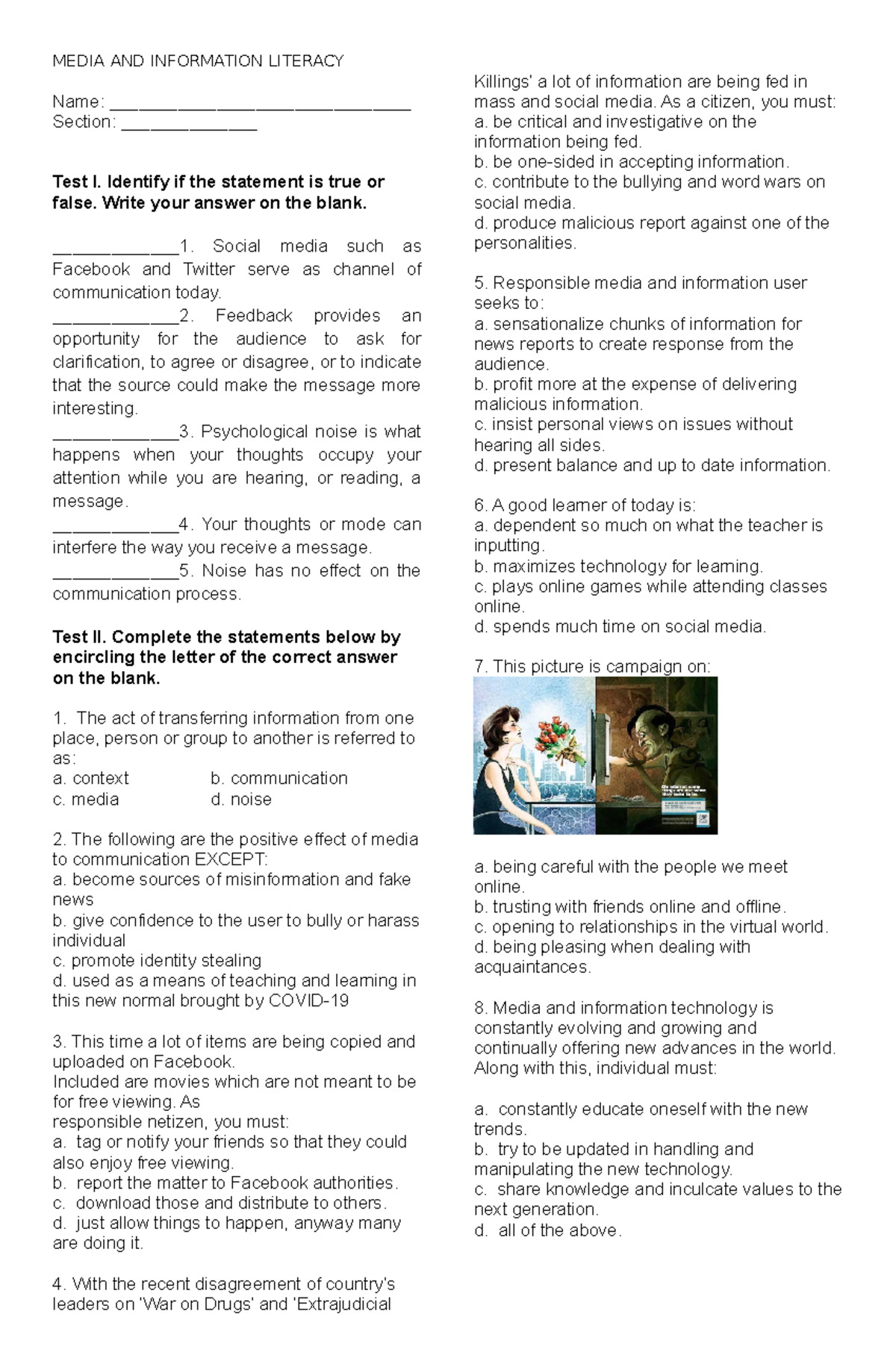 Summative TEST MIL - MIL - MEDIA AND INFORMATION LITERACY Name