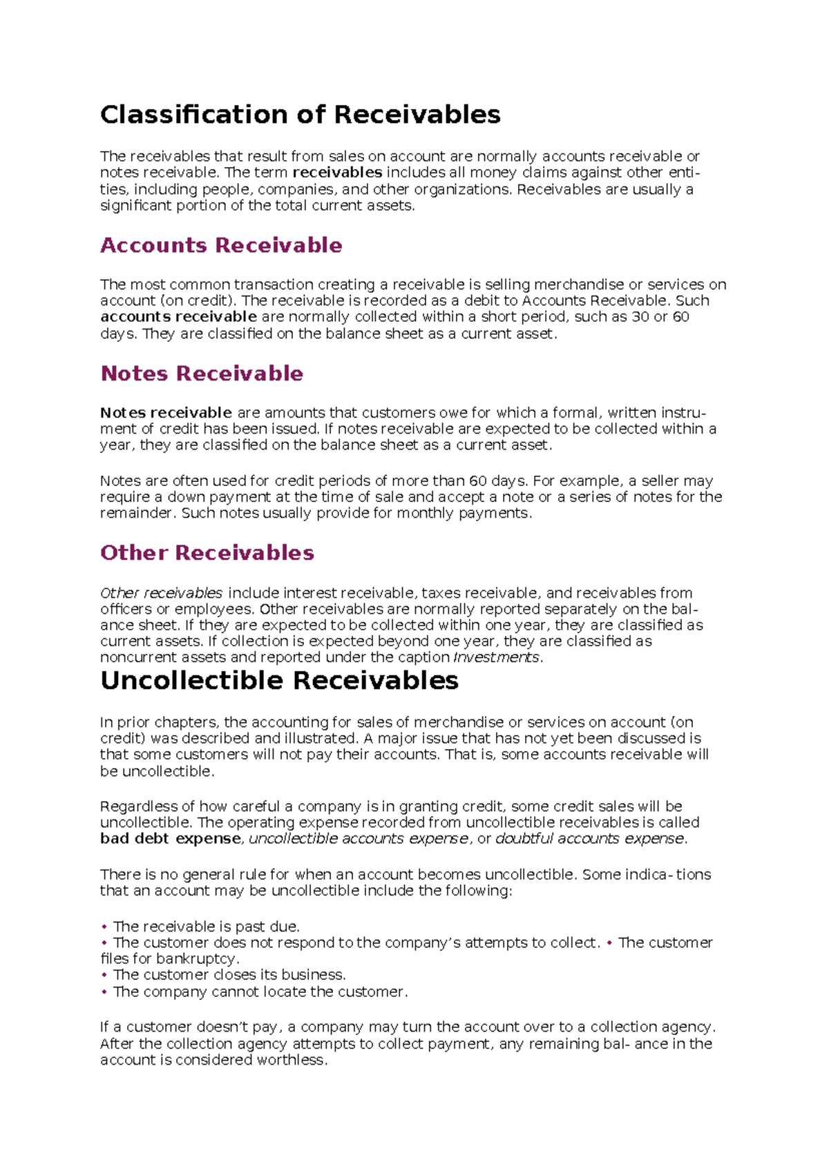Chapter 9: Receivables Classification and Uncollectible Accounts - Studocu