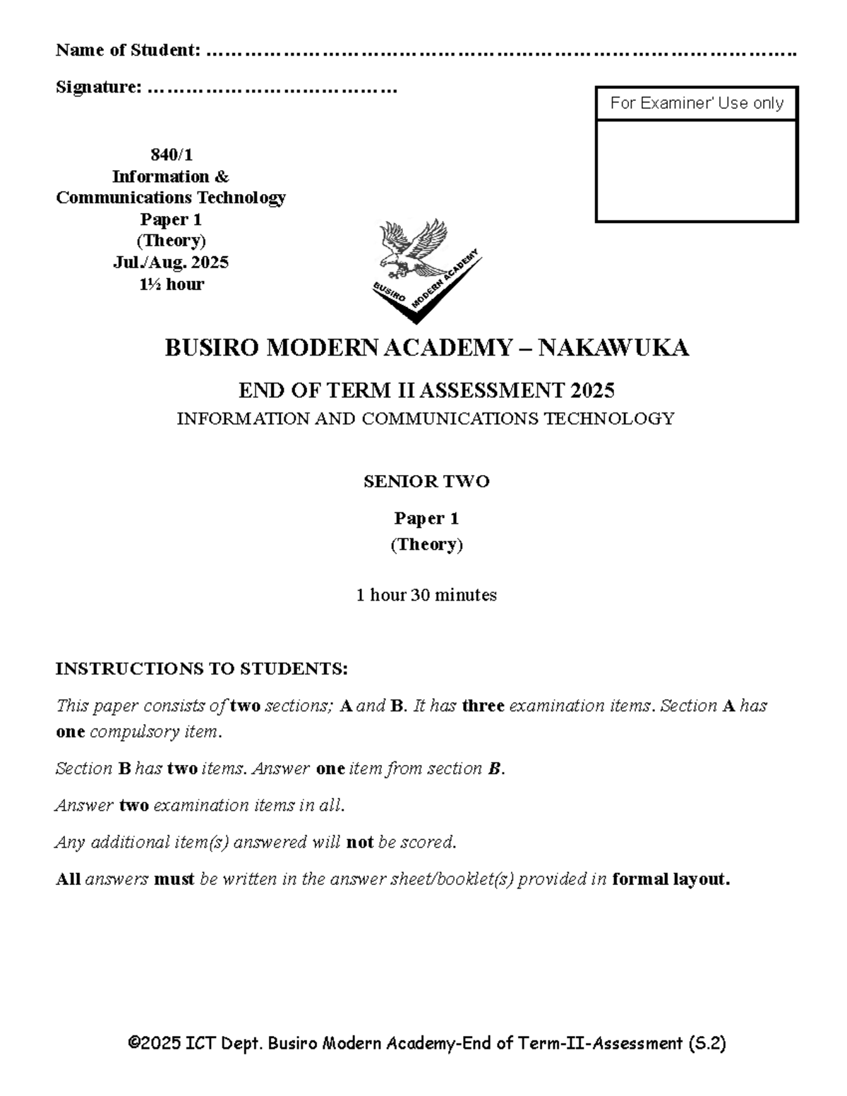 S2 ICT End of Term II Assessment 2025 - Theory Paper 1 - Studocu