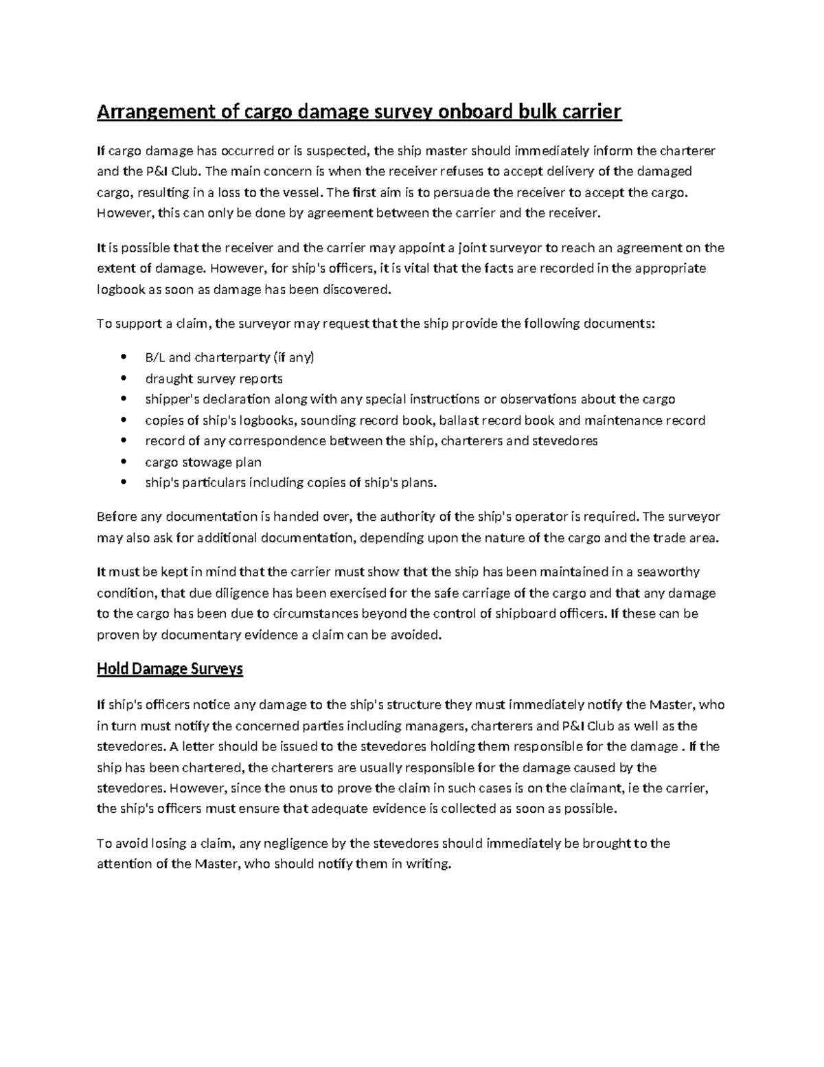 Cargo Damage Survey Procedures on Bulk Carriers - Studocu