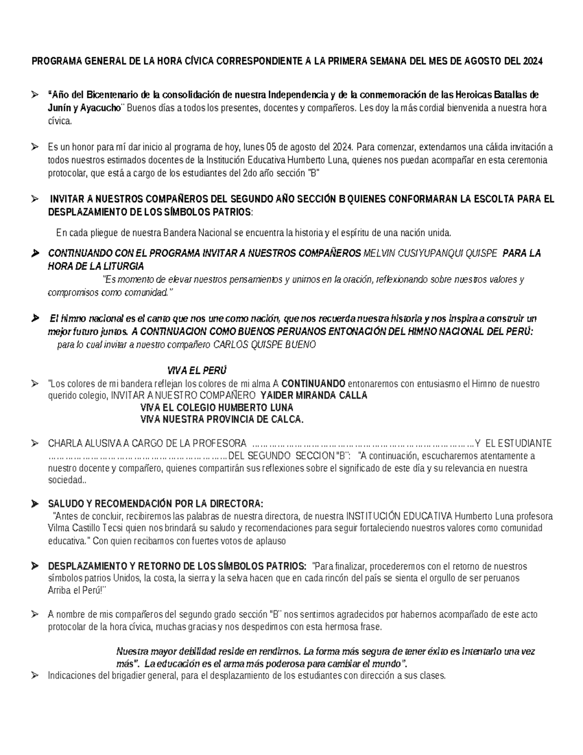 Hora Cívica - Lunes 5 de Agosto de 2024: Programa y Actividades - Studocu