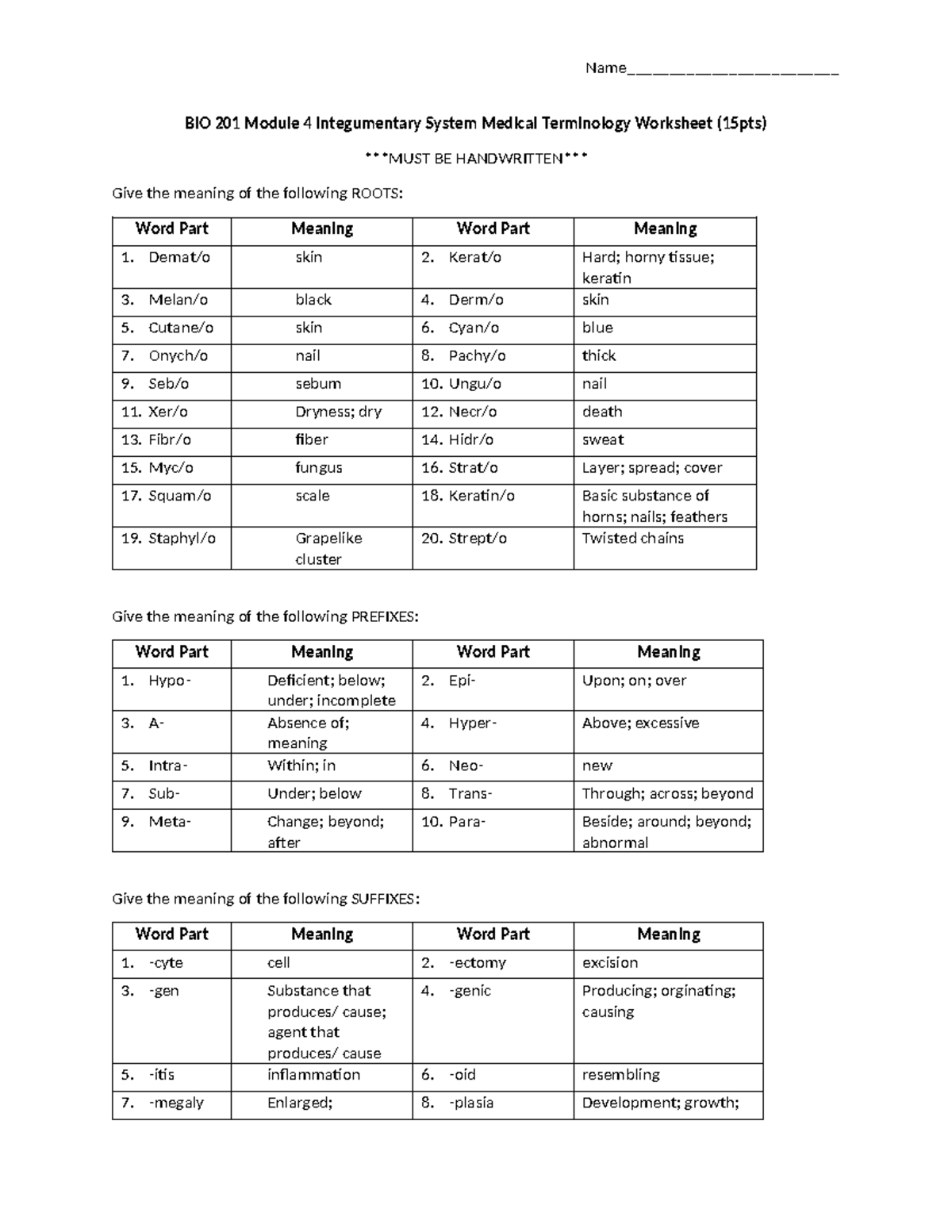 BIO 201 Module 4 Integumentary System Med Term Worksheet (15 pts) - Studocu