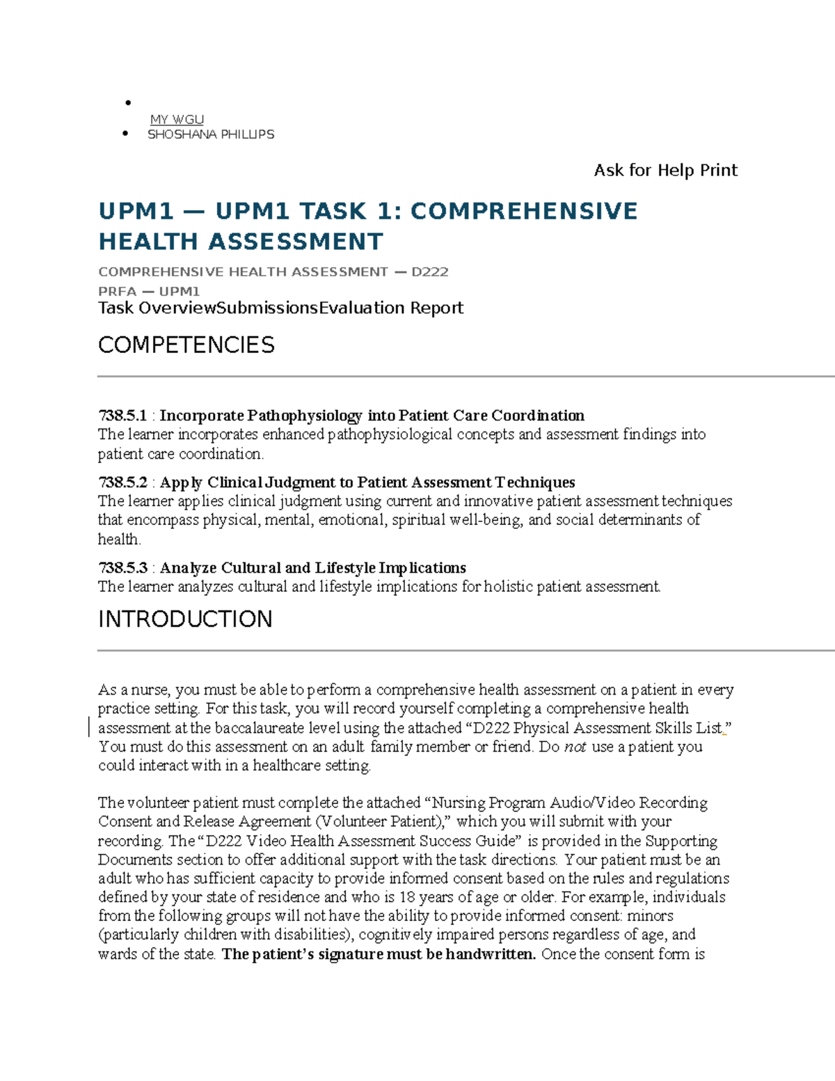 Comprehensive Health Assessment Guidelines - D222 Task 1 Submission - Studocu
