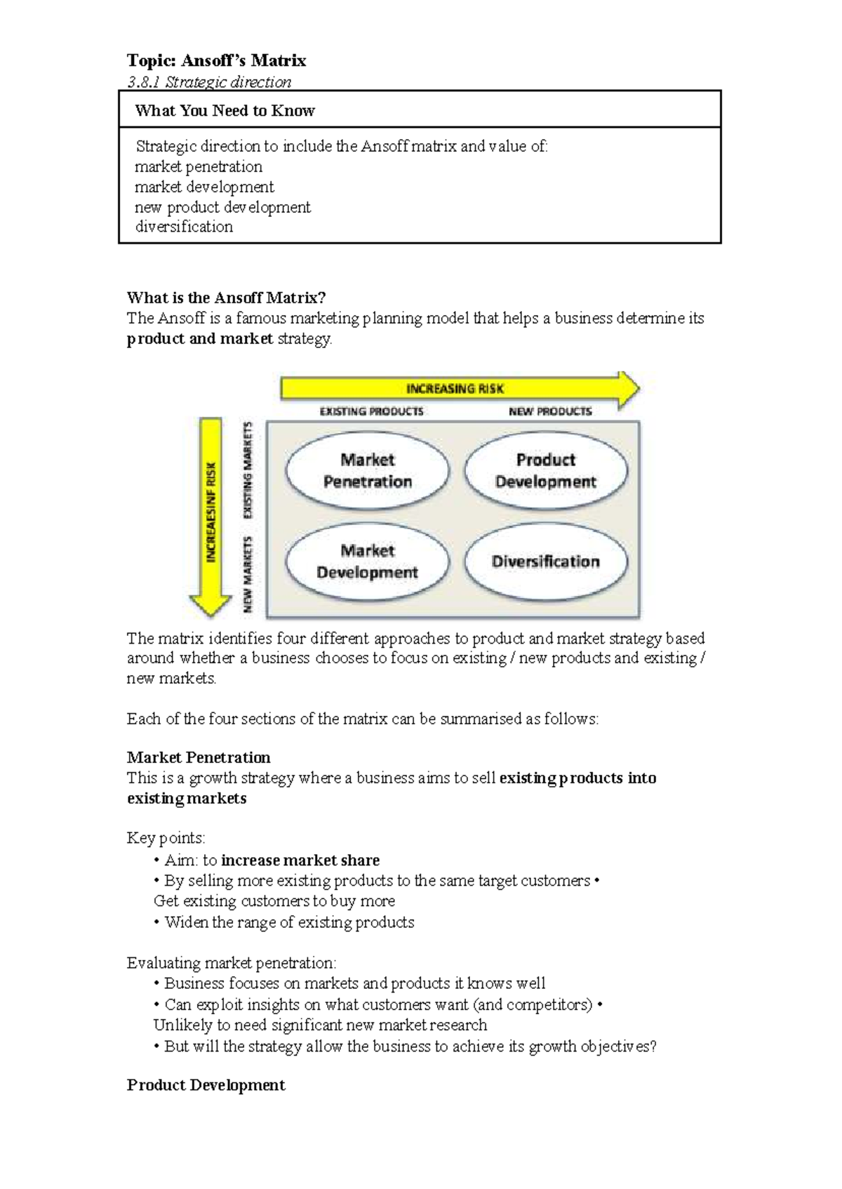 3.8.1 Ansoff's Matrix: Strategic Direction Overview - Studocu