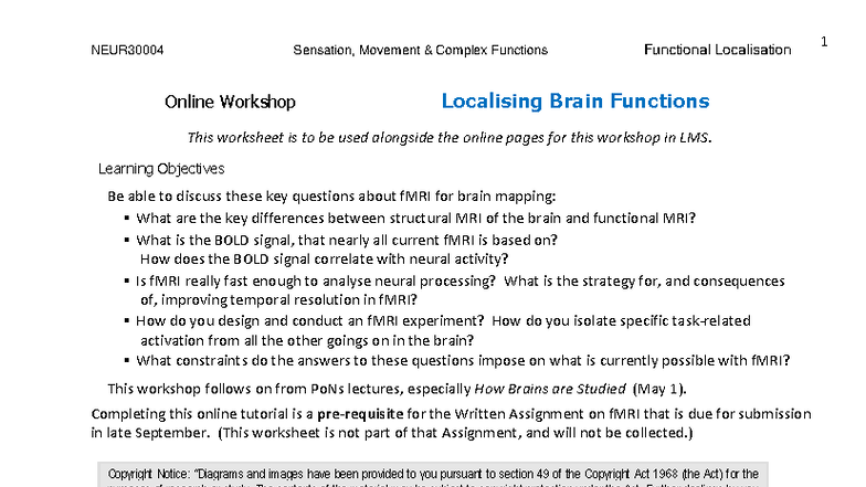 Sensation & Movement Complex Functions Workshop 1: fMRI Localisation - Studocu