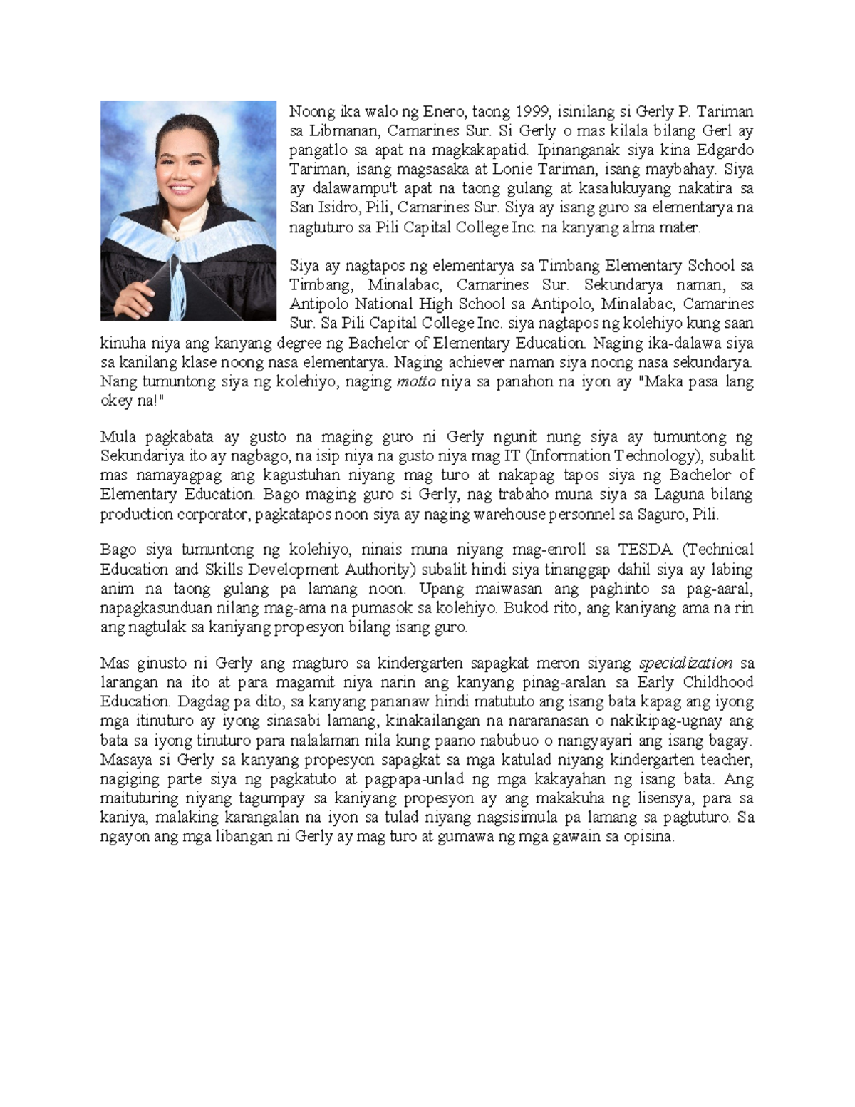 Bionote ni Gerly P. Tariman: Halimbawa ng Bio Note - Studocu
