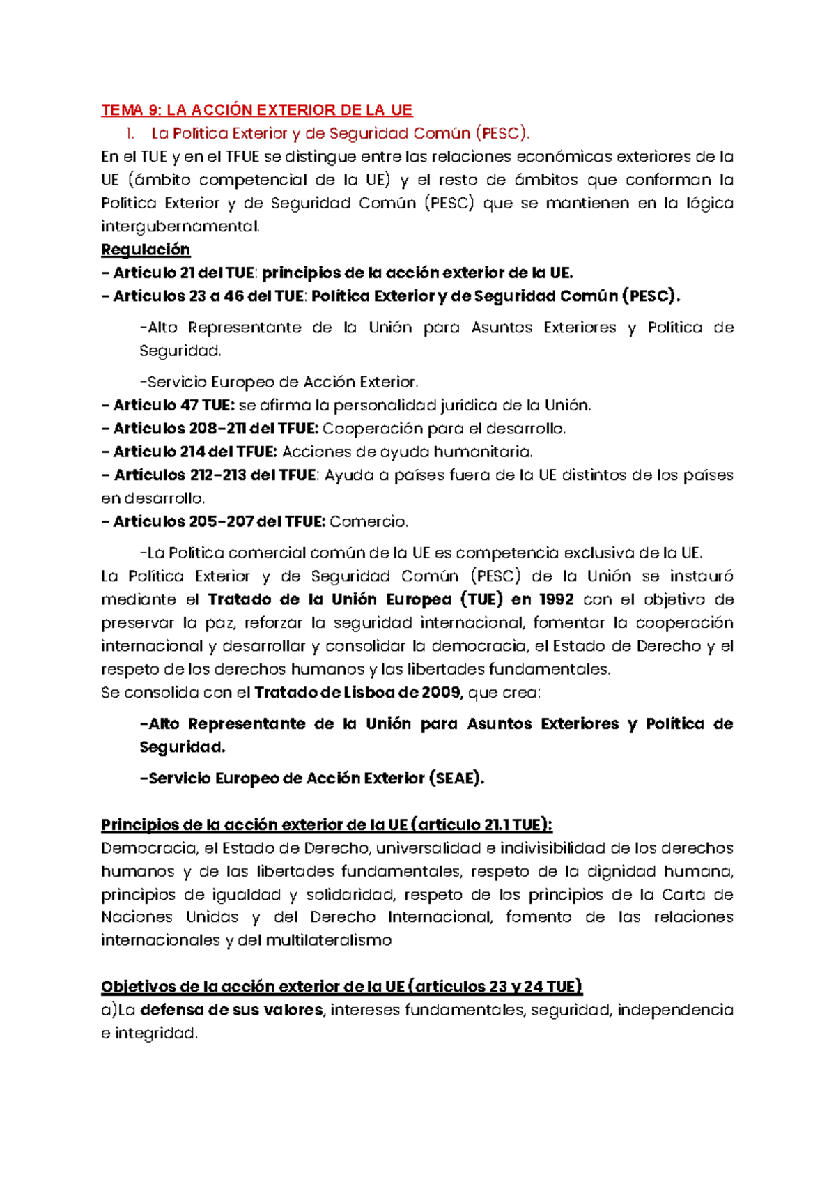 TEMA 9: La Acción Exterior de la UE - PESC y sus Principios - Studocu