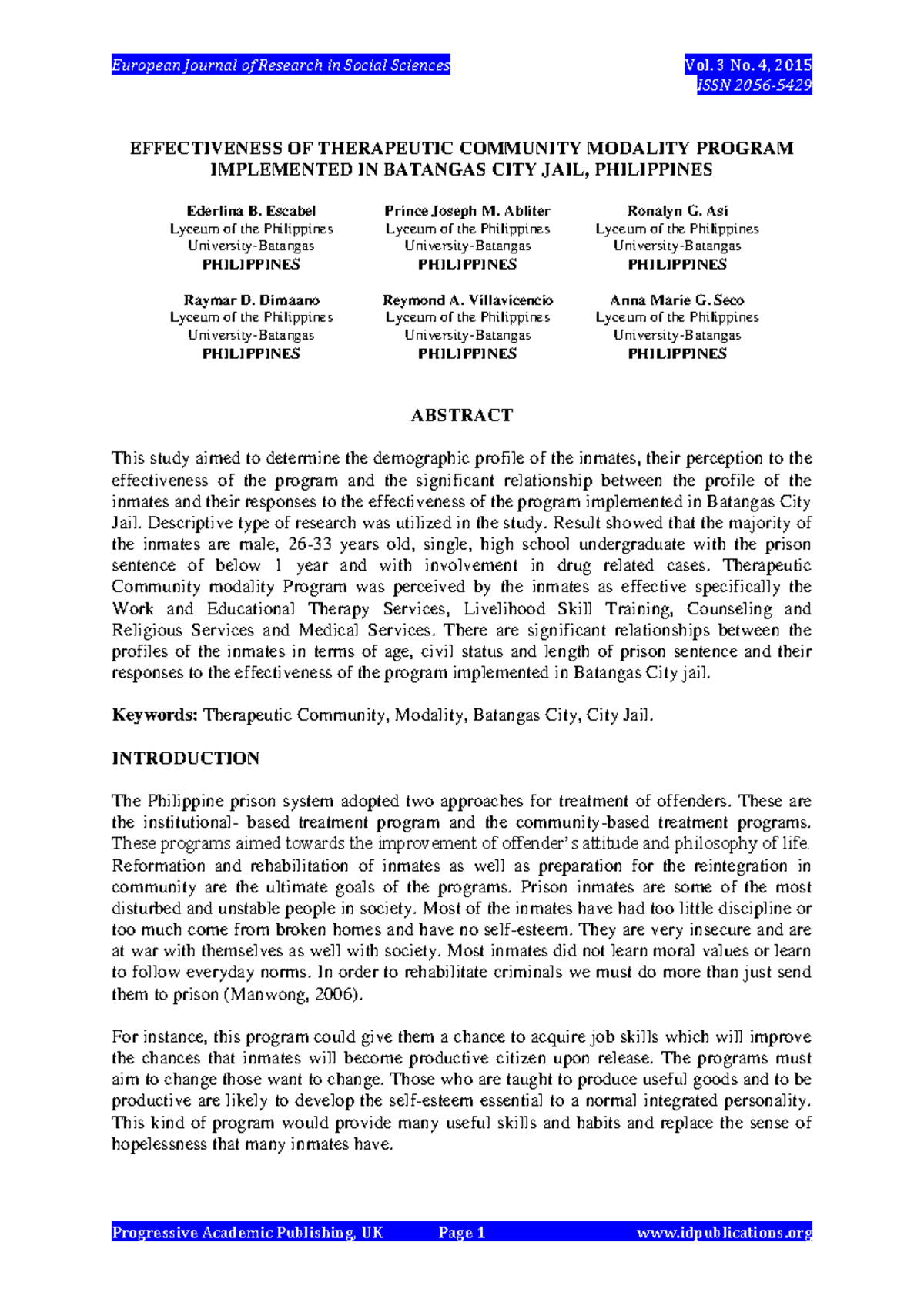 Ejrss Effectiveness OF Therapeutic Community Modality Program ...