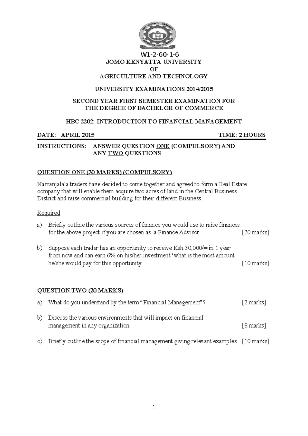 HBC 2202: Introduction to Financial Management Exam Paper - April 2015 ...