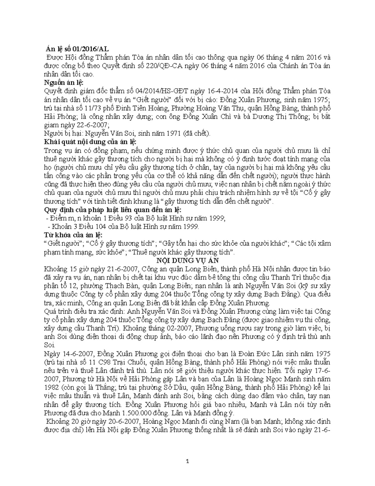 Án Lệ 01.2016: Vụ Án Giết Người và Trách Nhiệm Hình Sự - Studocu