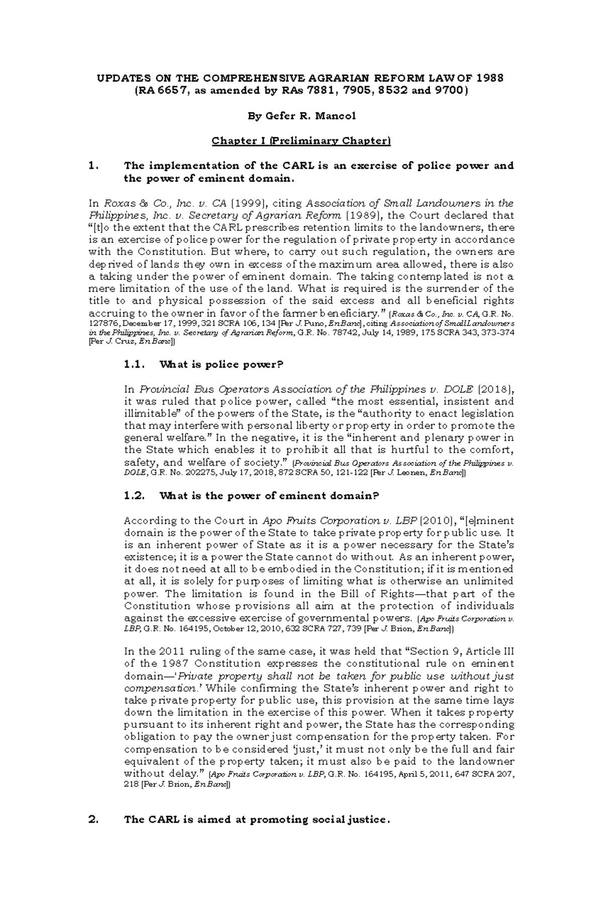 Updates on CARL (RA 6657) - Chapter I: Preliminary Insights - Studocu