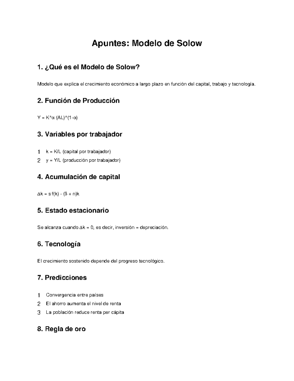 Apuntes: Modelo de Solow - Esquema y Conceptos Clave - Studocu