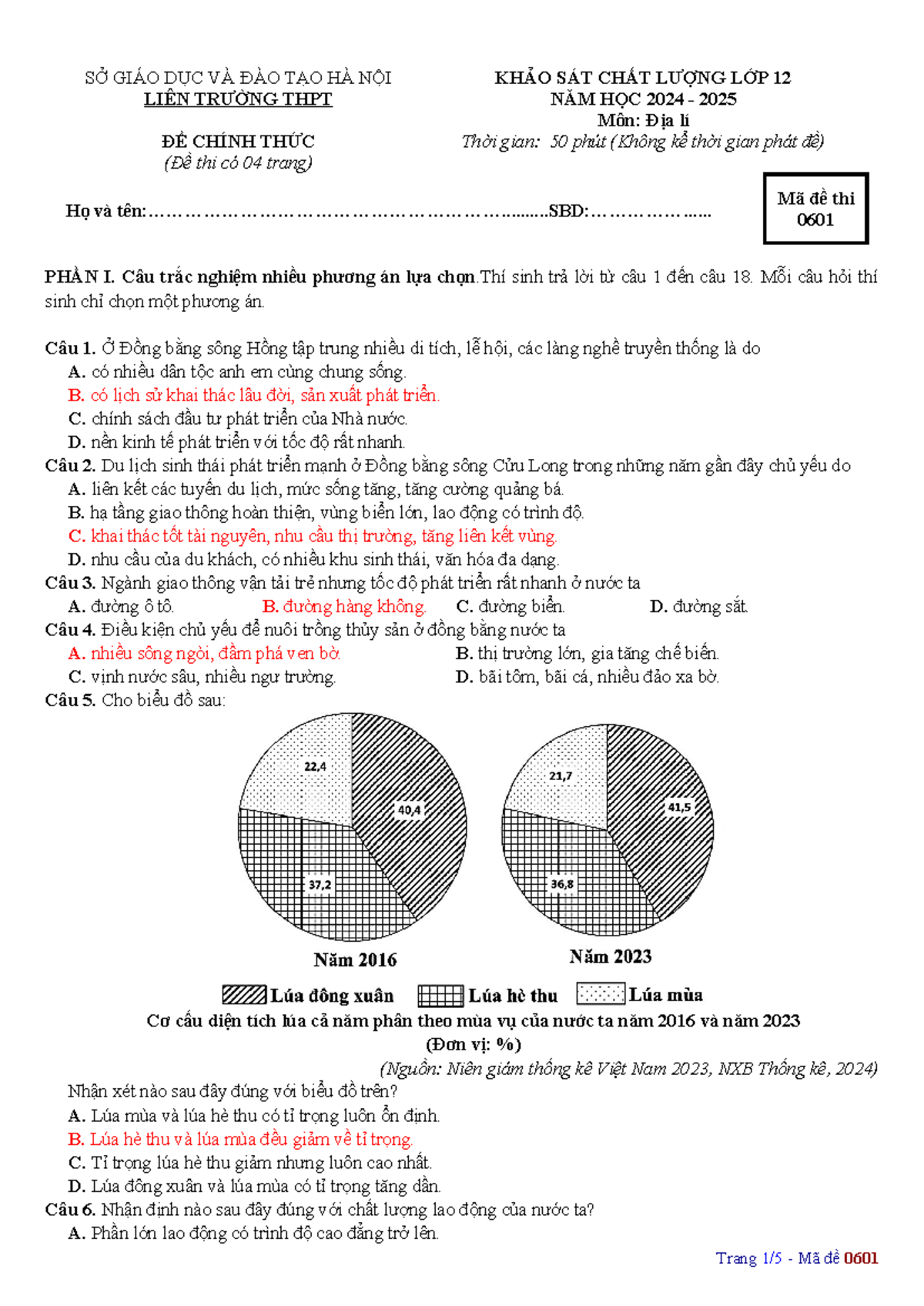 Đề thi khảo sát chất lượng lớp 12 môn Địa lí 0601 năm học 2024-2025 ...