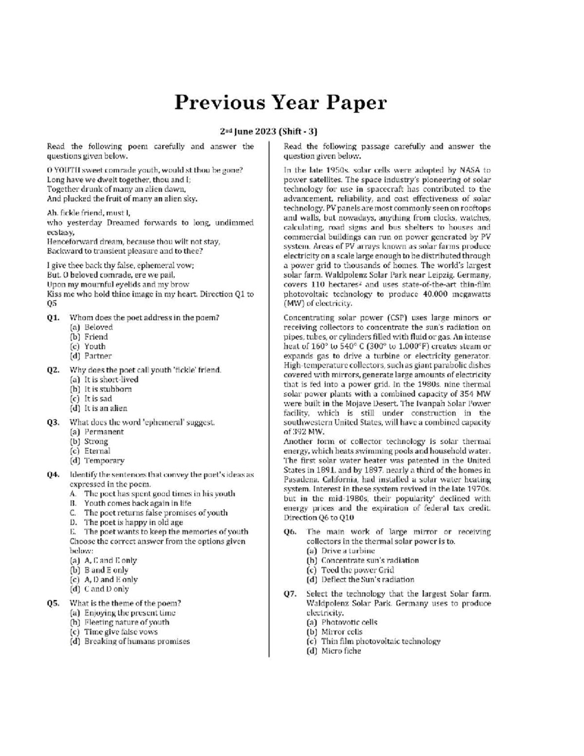 Eng 2 Midterm Exam Paper - June 2023 (Shift 3) - Studocu