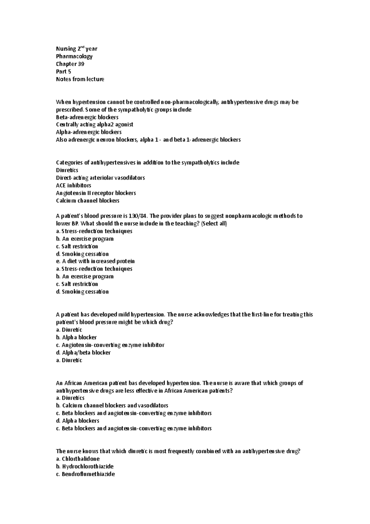 Pharmacology NRS 202 Exam Notes: Chapter 39 Antihypertensive Drugs ...
