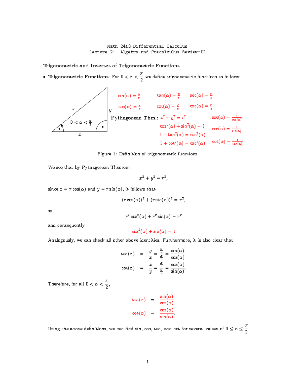 Math 2413 Differential Calculus: Lecture 2 on Trigonometric Functions ...