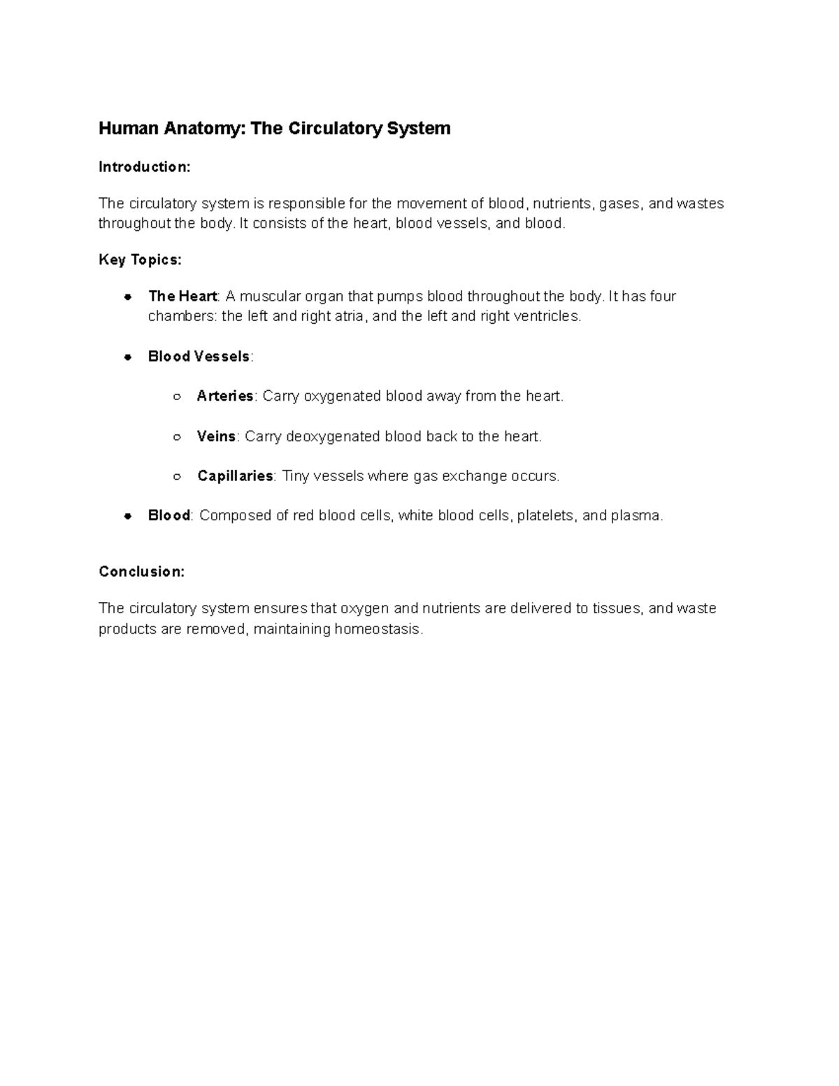 Human Anatomy: Intro to the Circulatory System Overview - Studocu