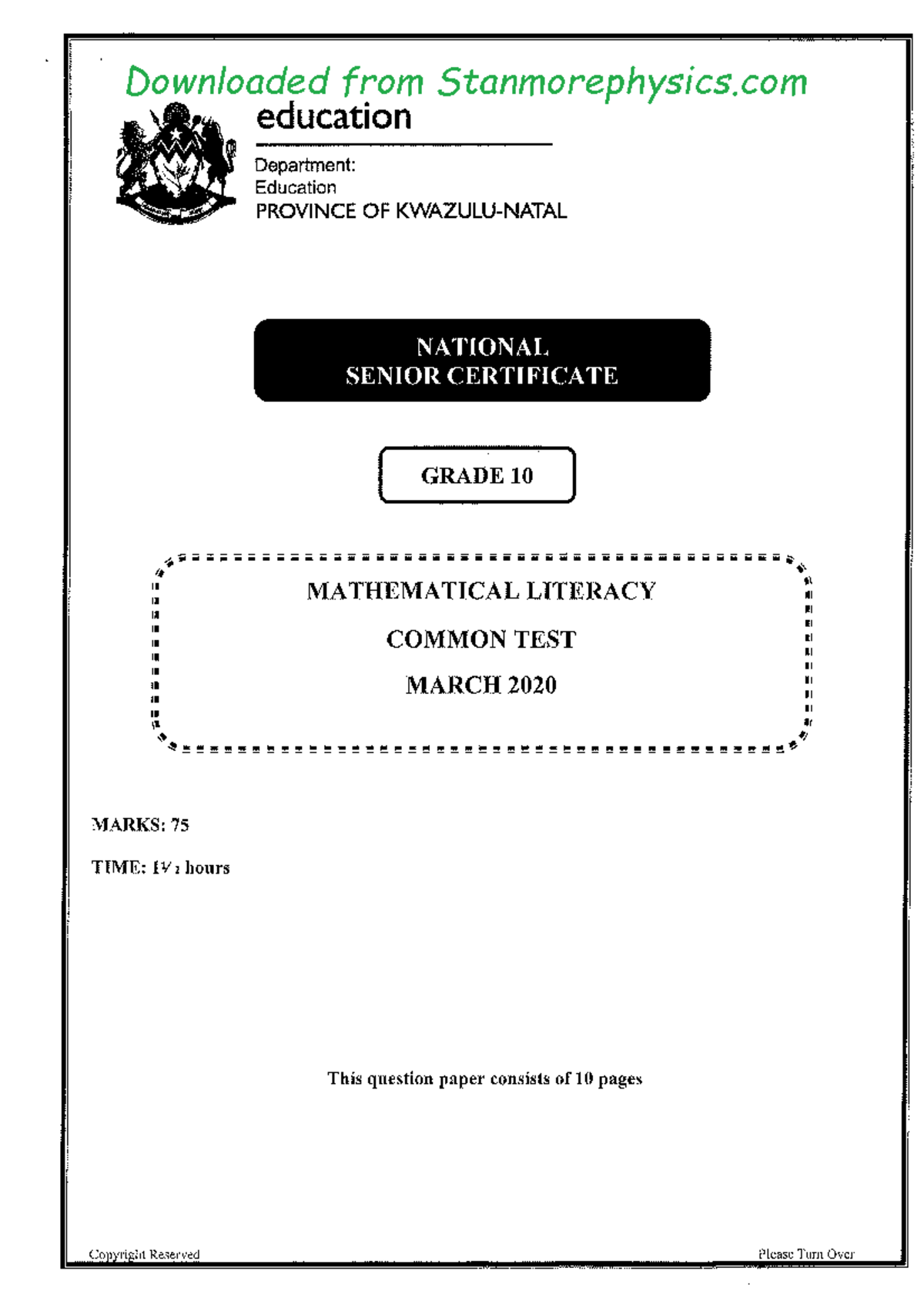 Maths Lit grade 10 March 2020 1 - Downloaded from Stanmorephysics ...
