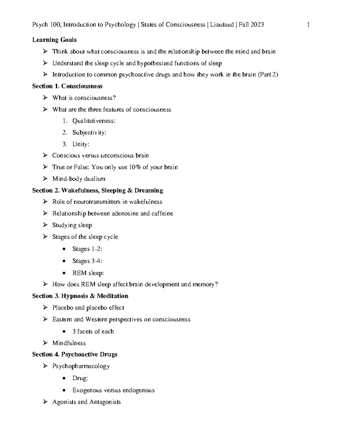 Psych 100: States of Consciousness - Fall 2023 Notes - Studocu