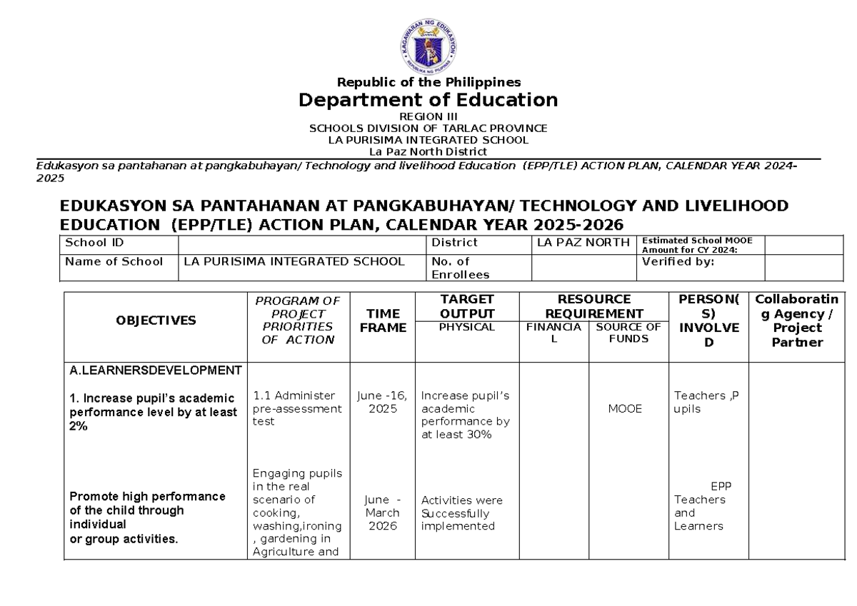 AIP 2025-2026: Edukasyon sa Pantahanan at Technology Action Plan - Studocu