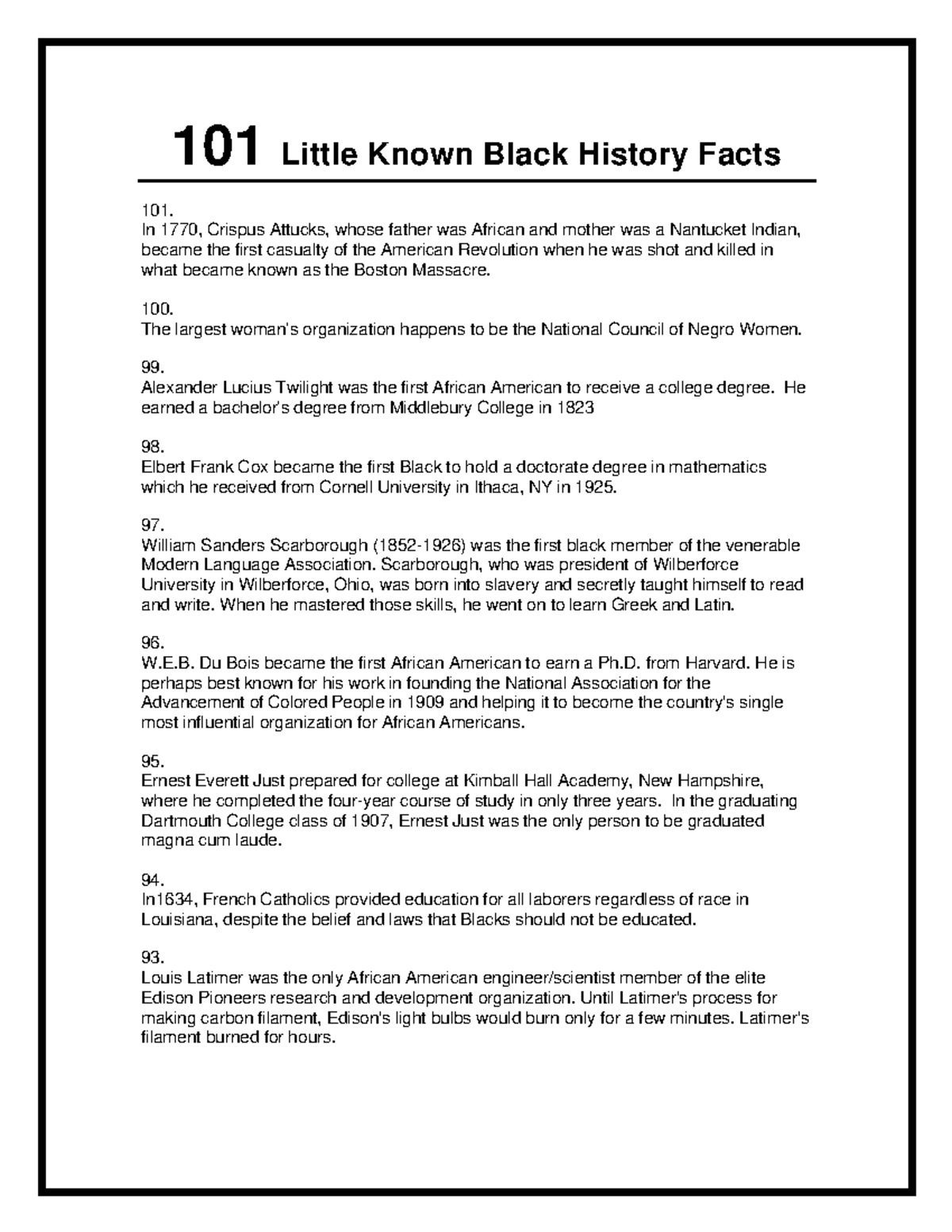 101 Little Known Black History Facts - A Comprehensive Overview - Studocu