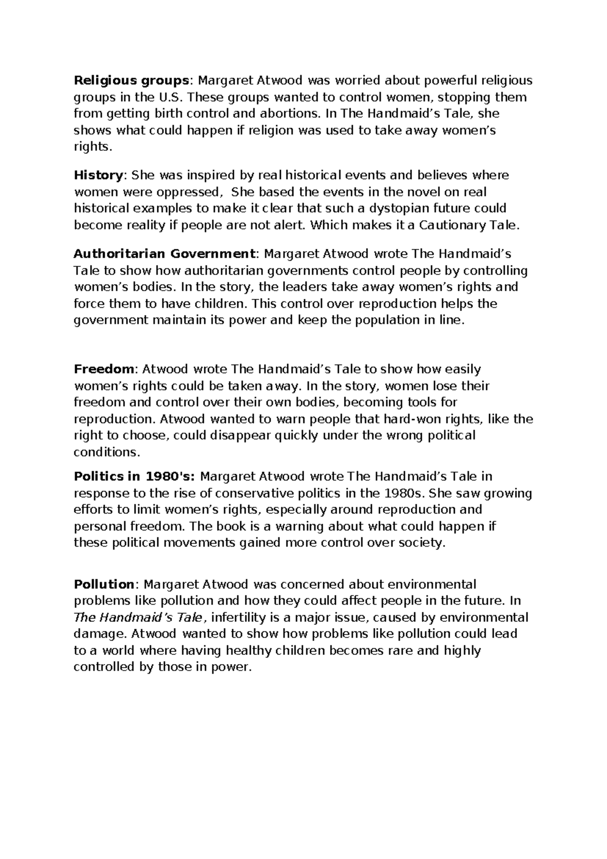 Literary Analysis of The Handmaid's Tale by Margaret Atwood - Studeersnel