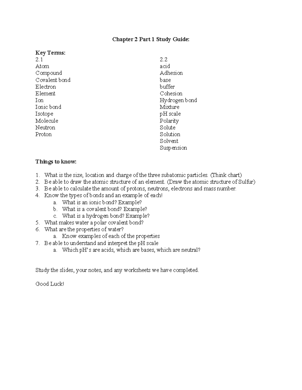 Chapter 2 Part 1 Study Guide: Key Terms & Concepts in Chemistry - Studocu