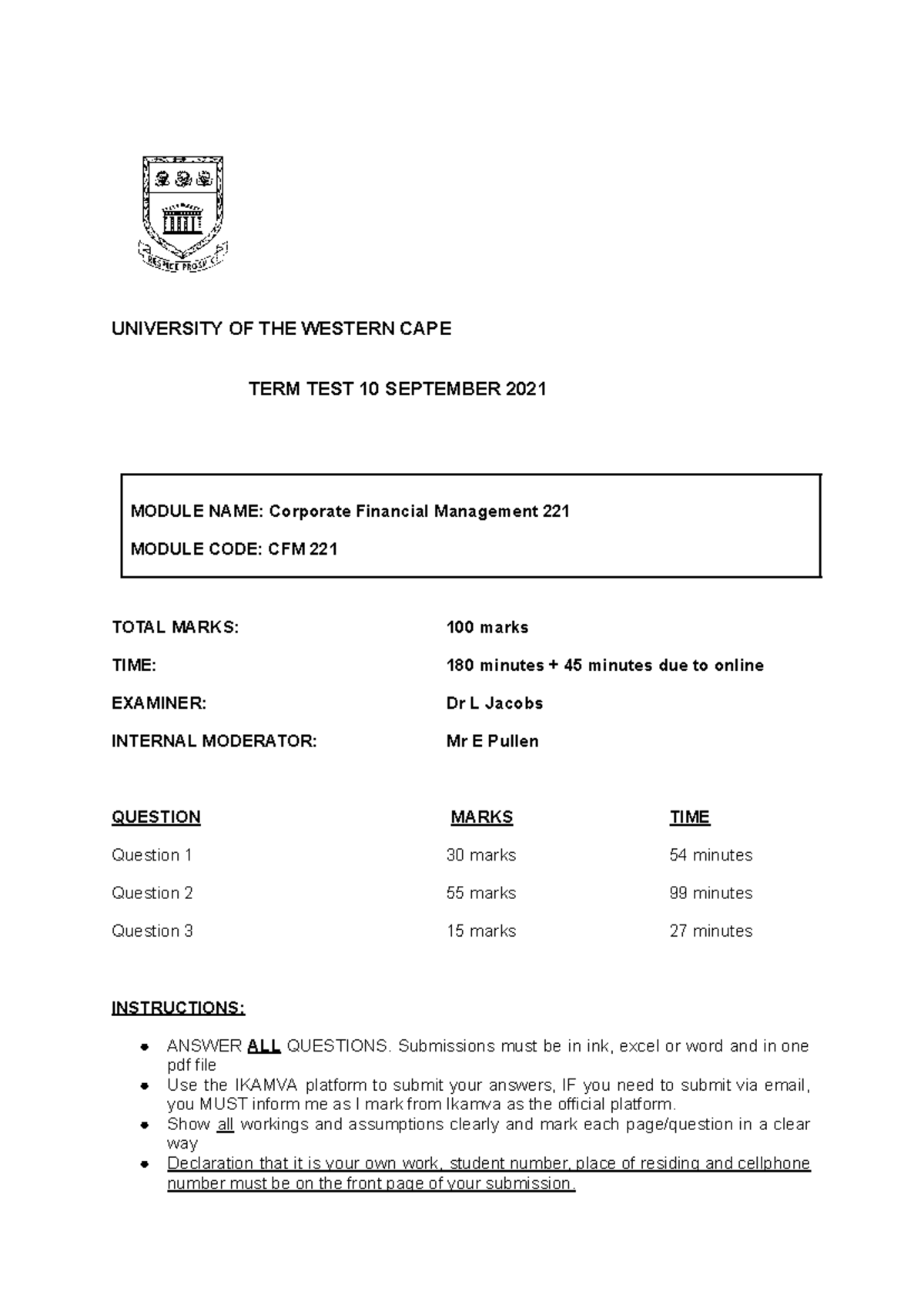 CFM 221 Term Test 1 - Corporate Financial Management 2021 Paper - Studocu