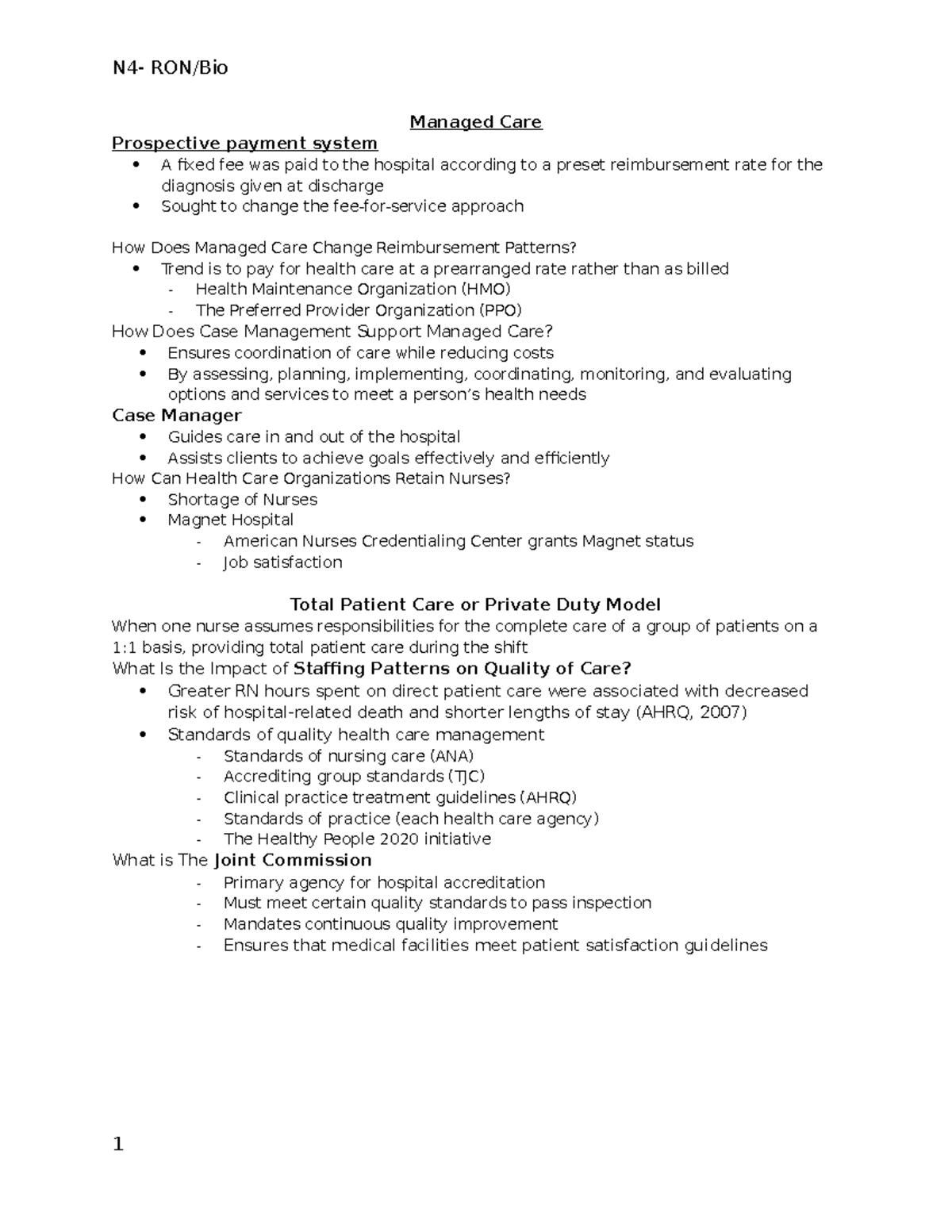 Ron Bio - RON/BIO Lecture notes from all powerpoints - Managed Care ...