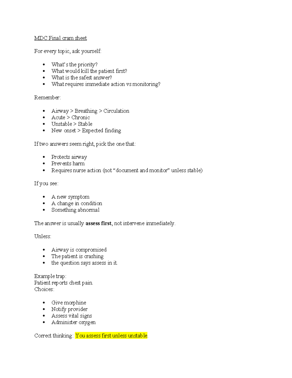 MDC Final Exam Cram Sheet: Prioritization & Nursing Actions - Studocu