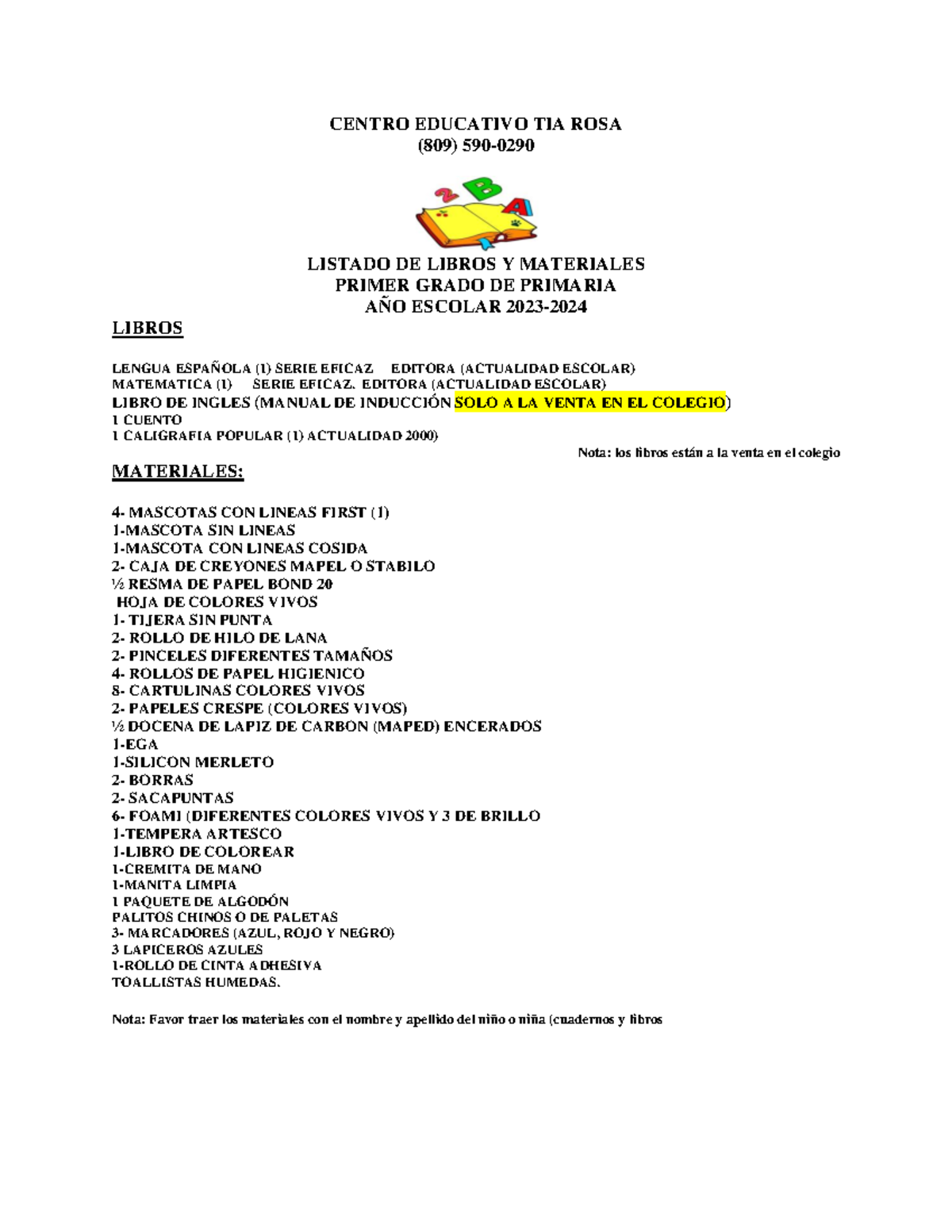 Listado DE Libros 1RO Primaria - CENTRO EDUCATIVO TIA ROSA (809) 590 ...