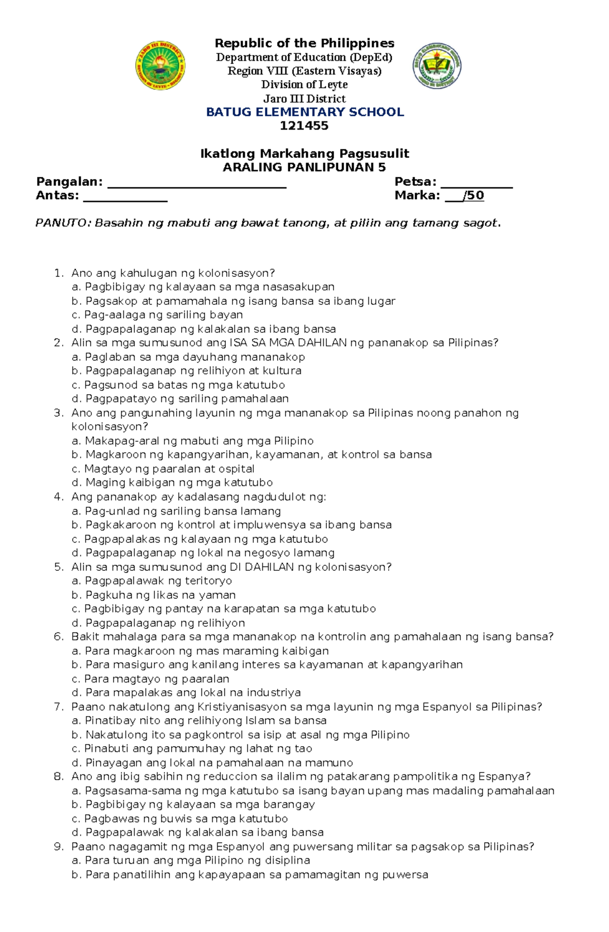 G5 Aralpan 5 Ikatlong Markahang Pagsusulit sa Kolonisasyon - Studocu