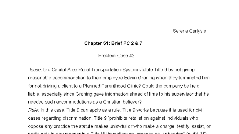 Ch 51: PC 2 & 7 - Title 9 Violation Case Study on Graning - Studocu