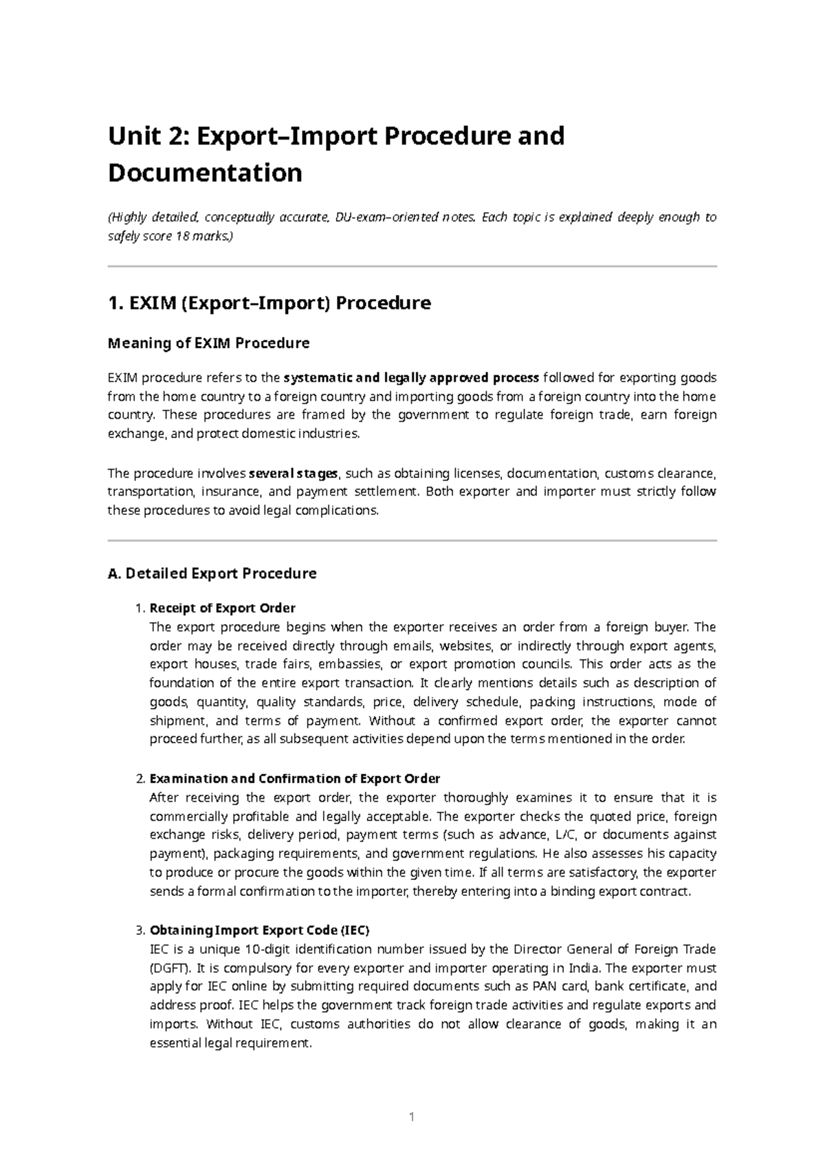 Unit 2: EXIM Procedure & Documentation (Detailed Notes for 18 Marks ...
