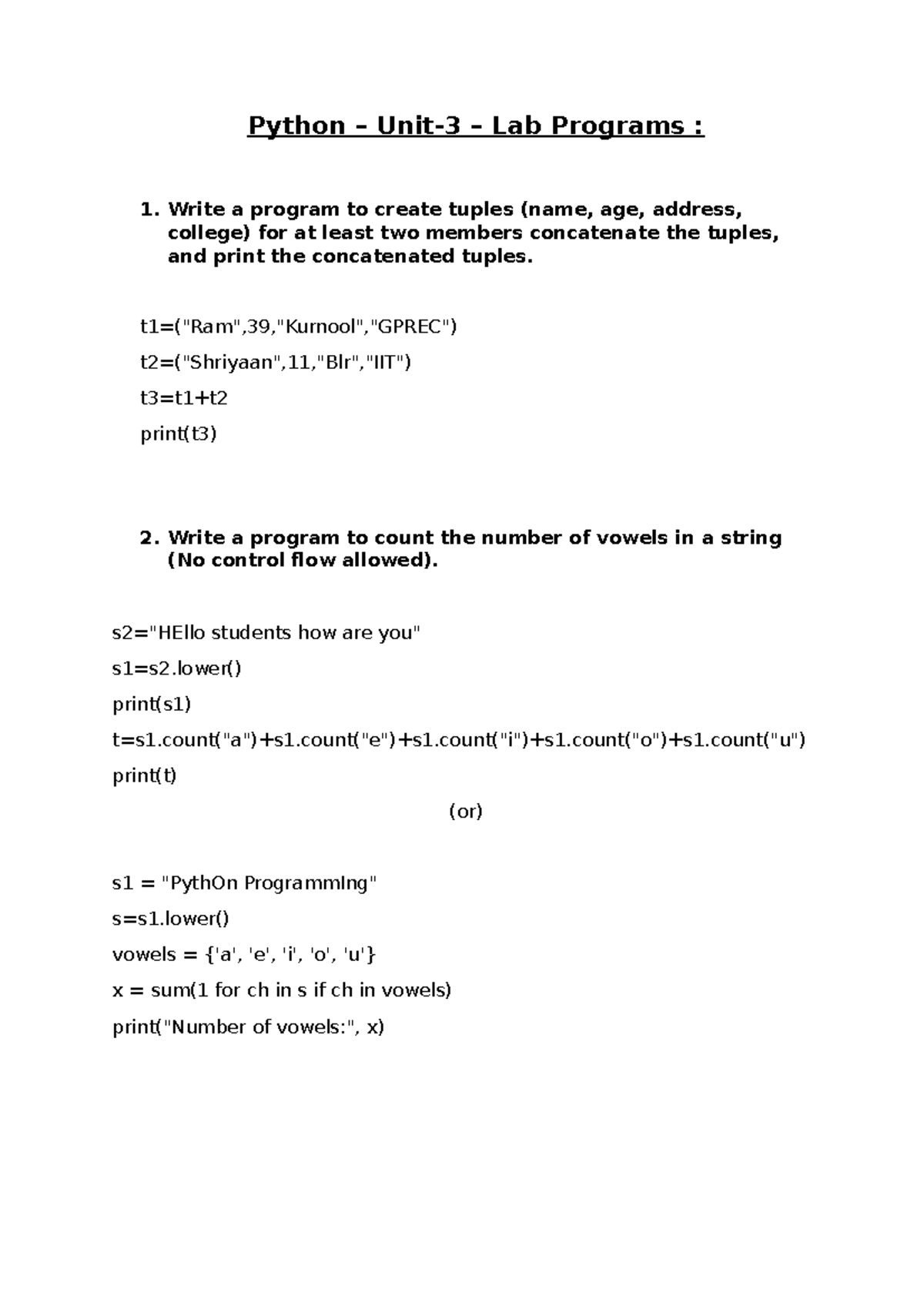 Python - Unit 3 Lab Programs: Tuple Concatenation & Vowel Count - Studocu