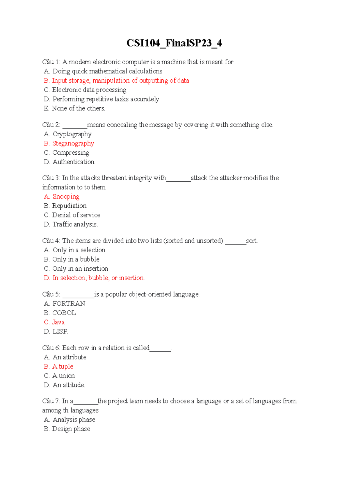 CSI104 Final Exam Questions and Answers - SP23 - Studocu