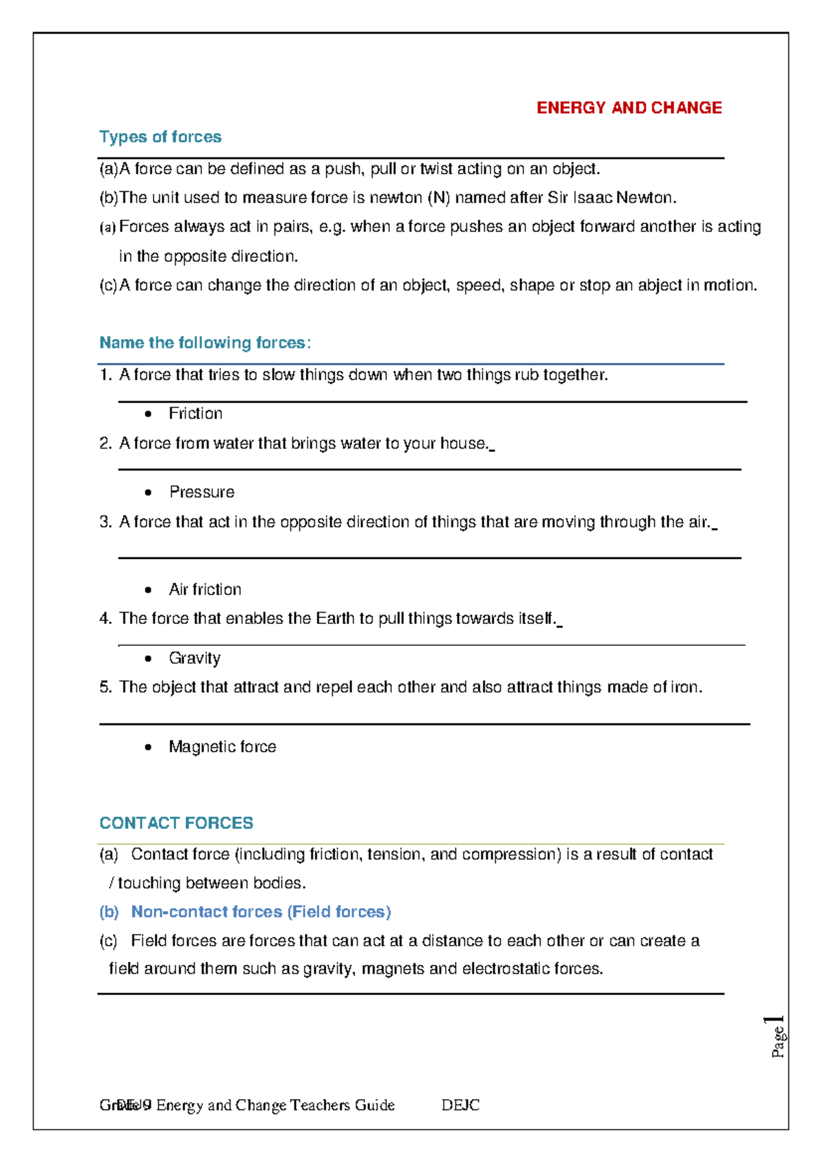 DEJC Grade 9 Energy and Change: Forces and Their Effects Guide - Studocu