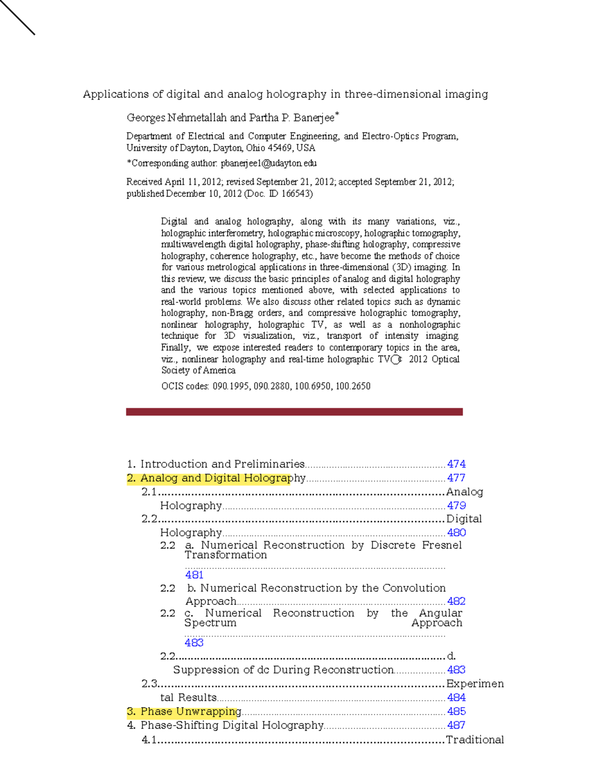 Applications of Digital and Analog Holography in 3D Imaging (ECE 2012 ...