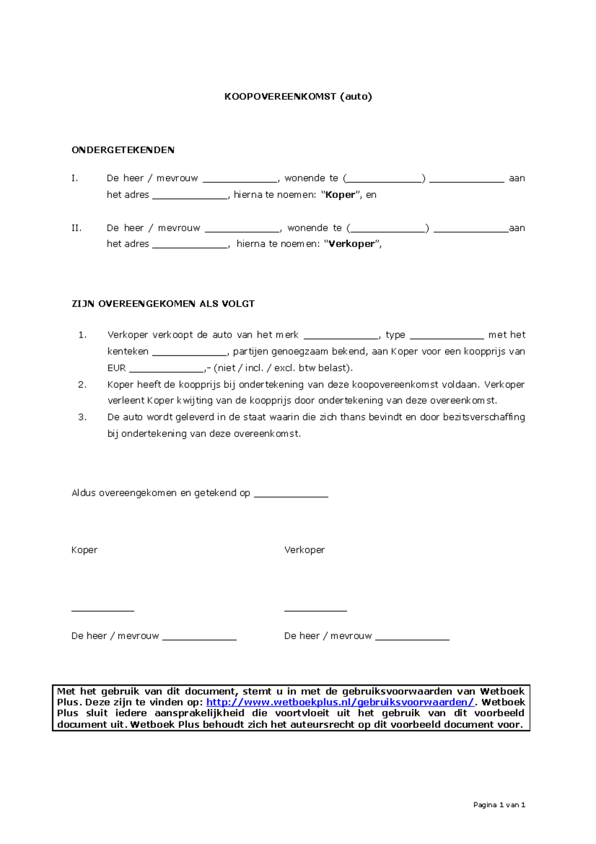 Voorbeeld KOOPOVEREENKOMST Auto - Wetboek Plus Document - Studeersnel