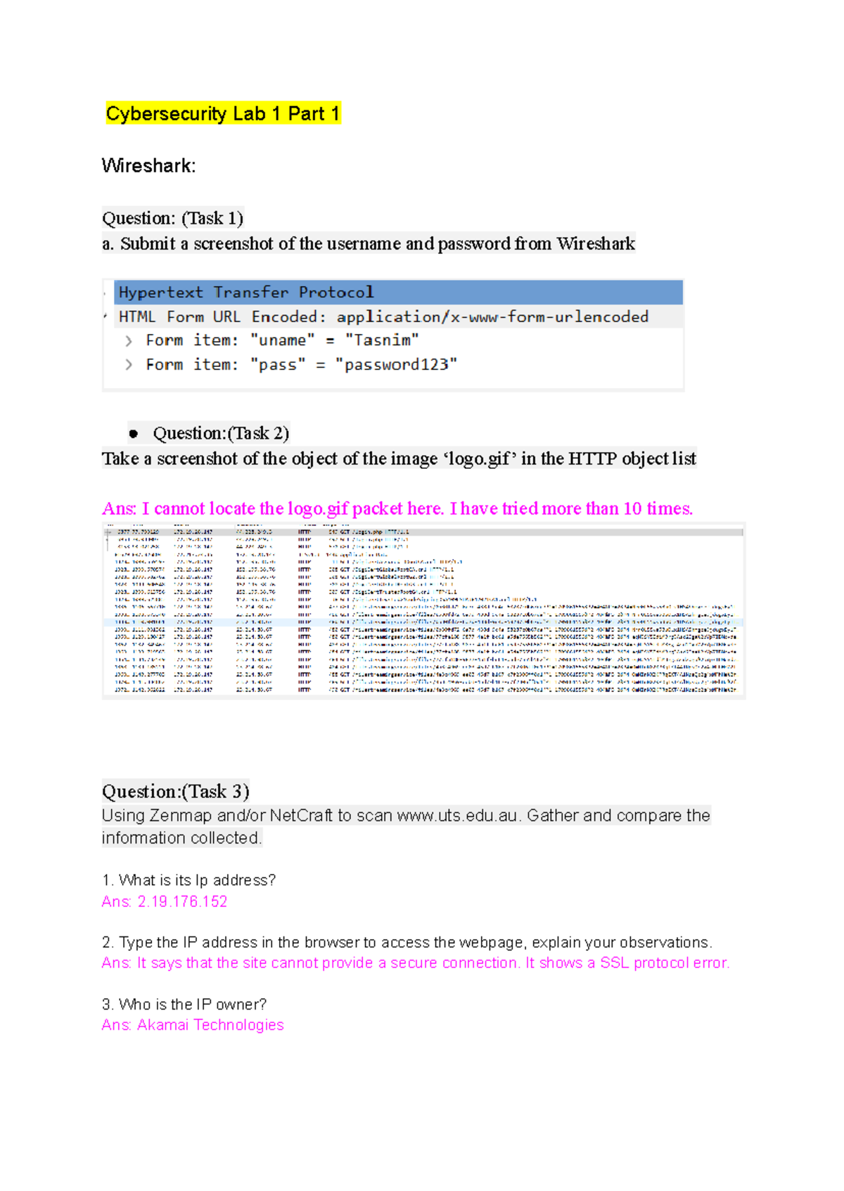 Cybersecurity Lab 1 - Tutorial 2 Tasks & Analysis Guide - Studocu
